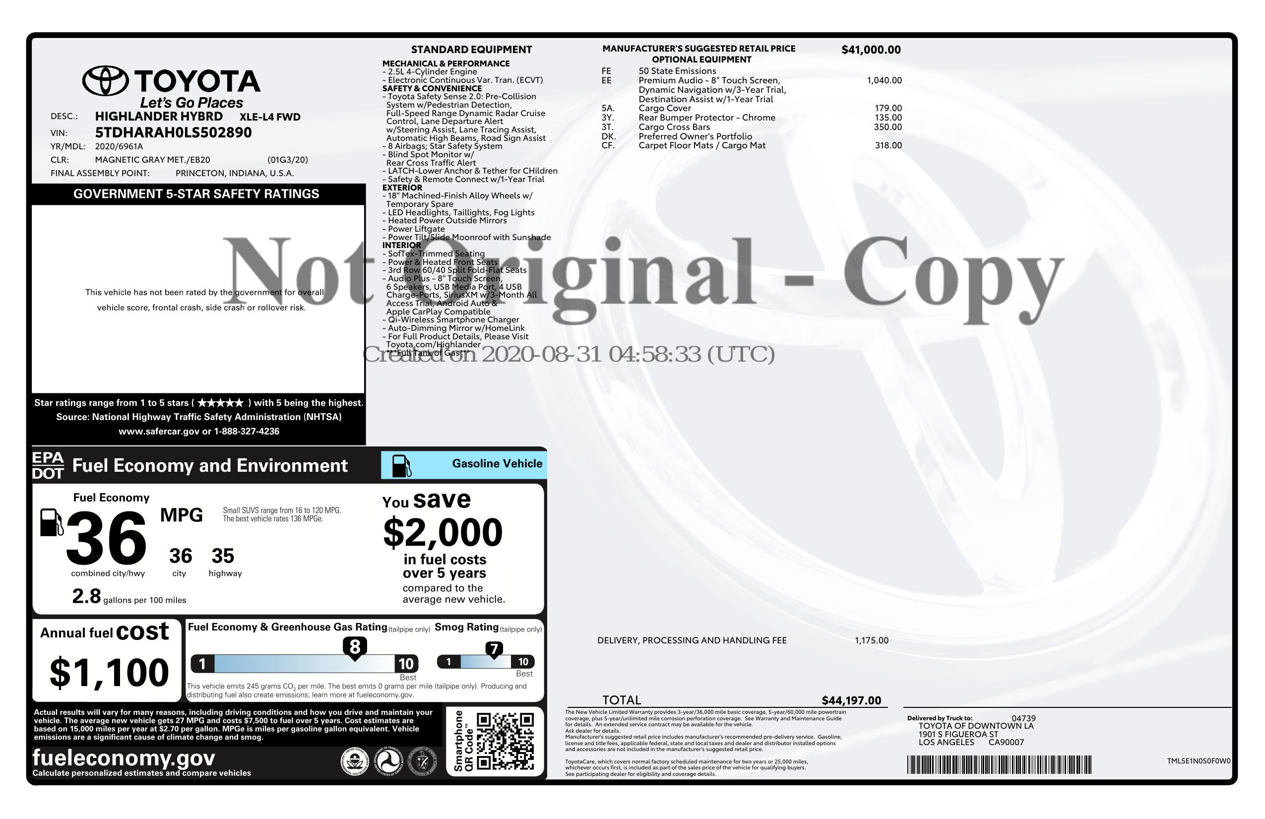Window Sticker for 2020 Toyota Highlander Hybrid Xle Fwd (Natl)