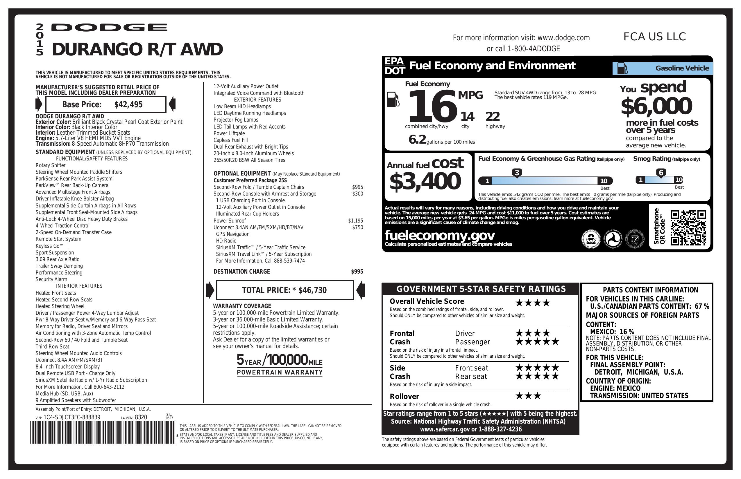 Window Sticker for 2015 Dodge Durango Awd 4dr R/T