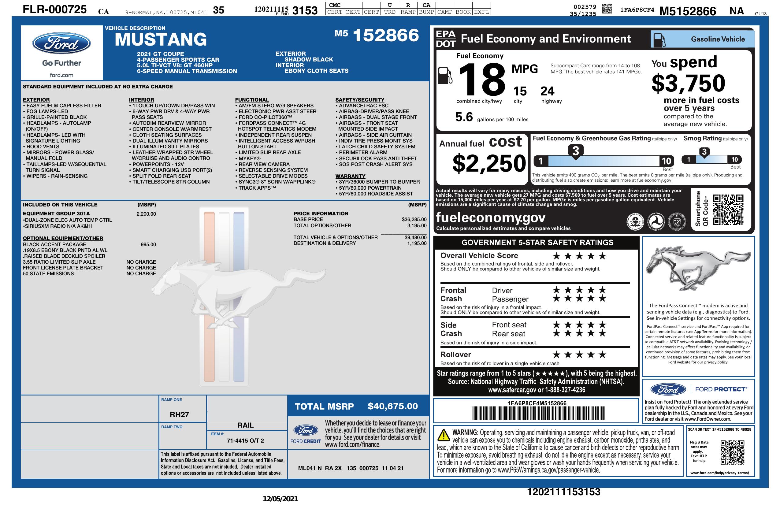Window Sticker for 2021 Ford Mustang Gt Fastback