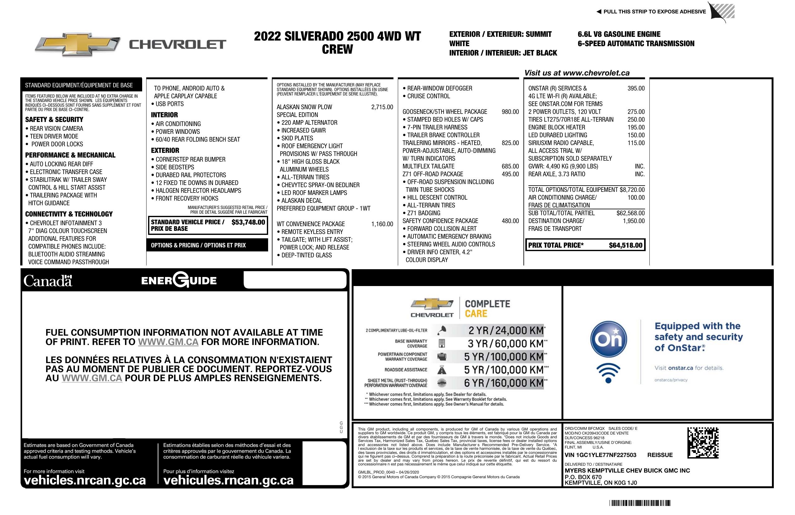 Window Sticker for 2022 Chevrolet Silverado 2500 Hd 4 Wd Crew Cab Work ...