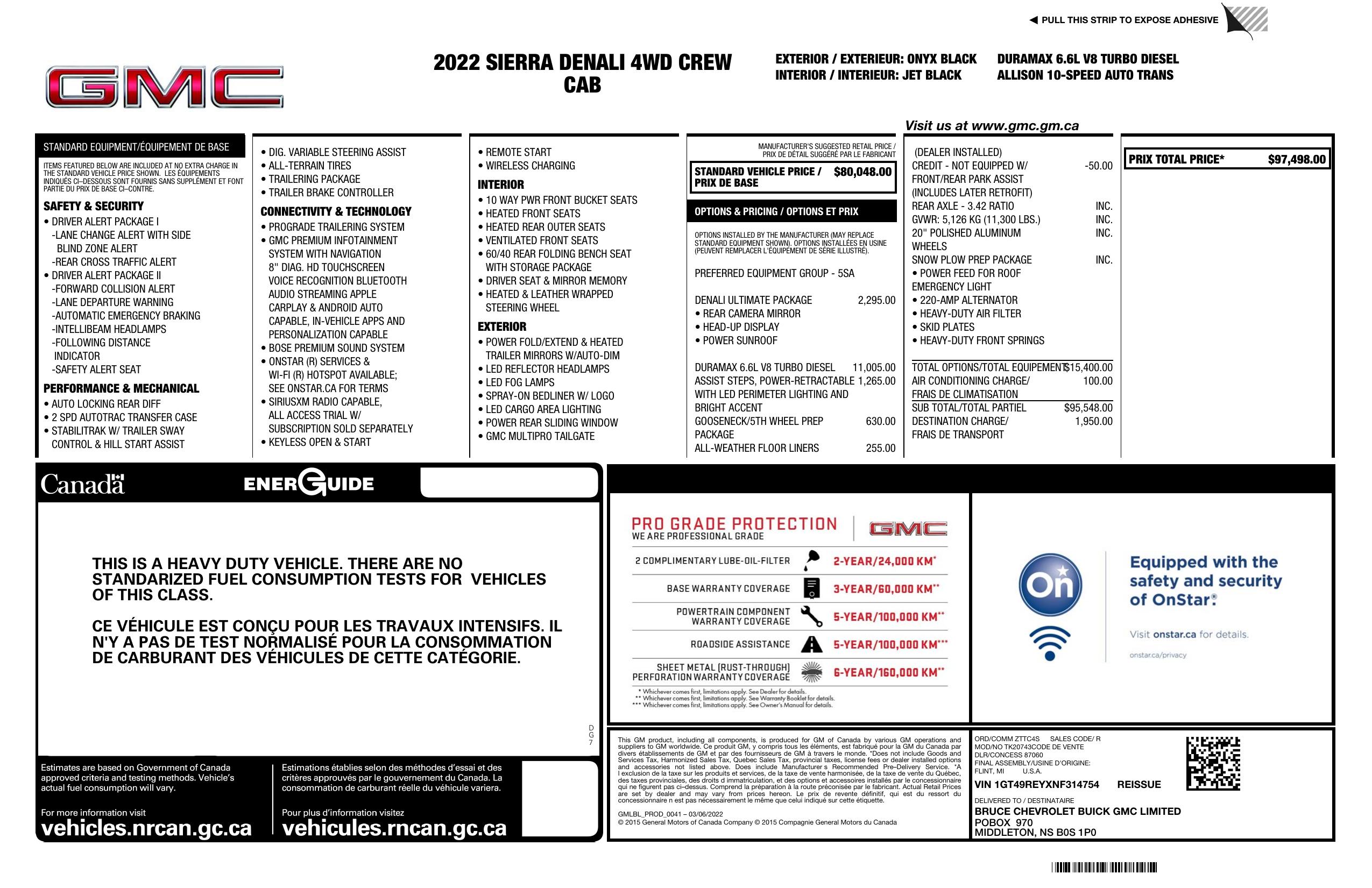 Window Sticker for 2022 GMC Sierra 2500 Hd 4 Wd Crew Cab Denali