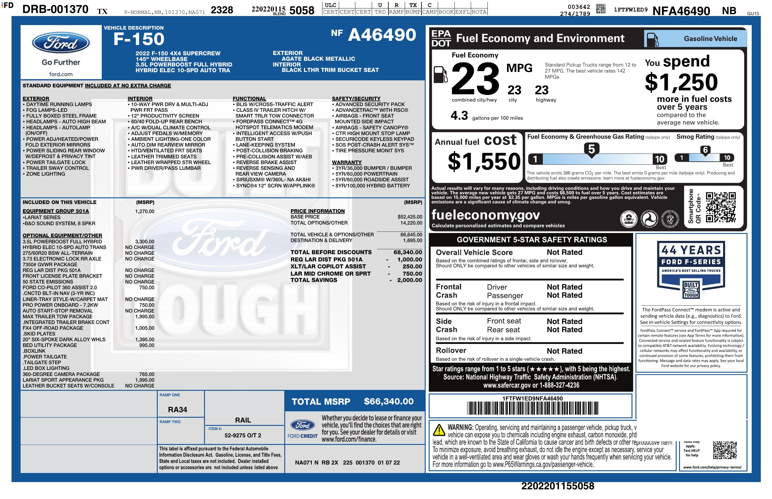 Window Sticker for 2022 Ford F 150 4x4 Lariat 4dr Super Crew 5.5 Ft. Sb