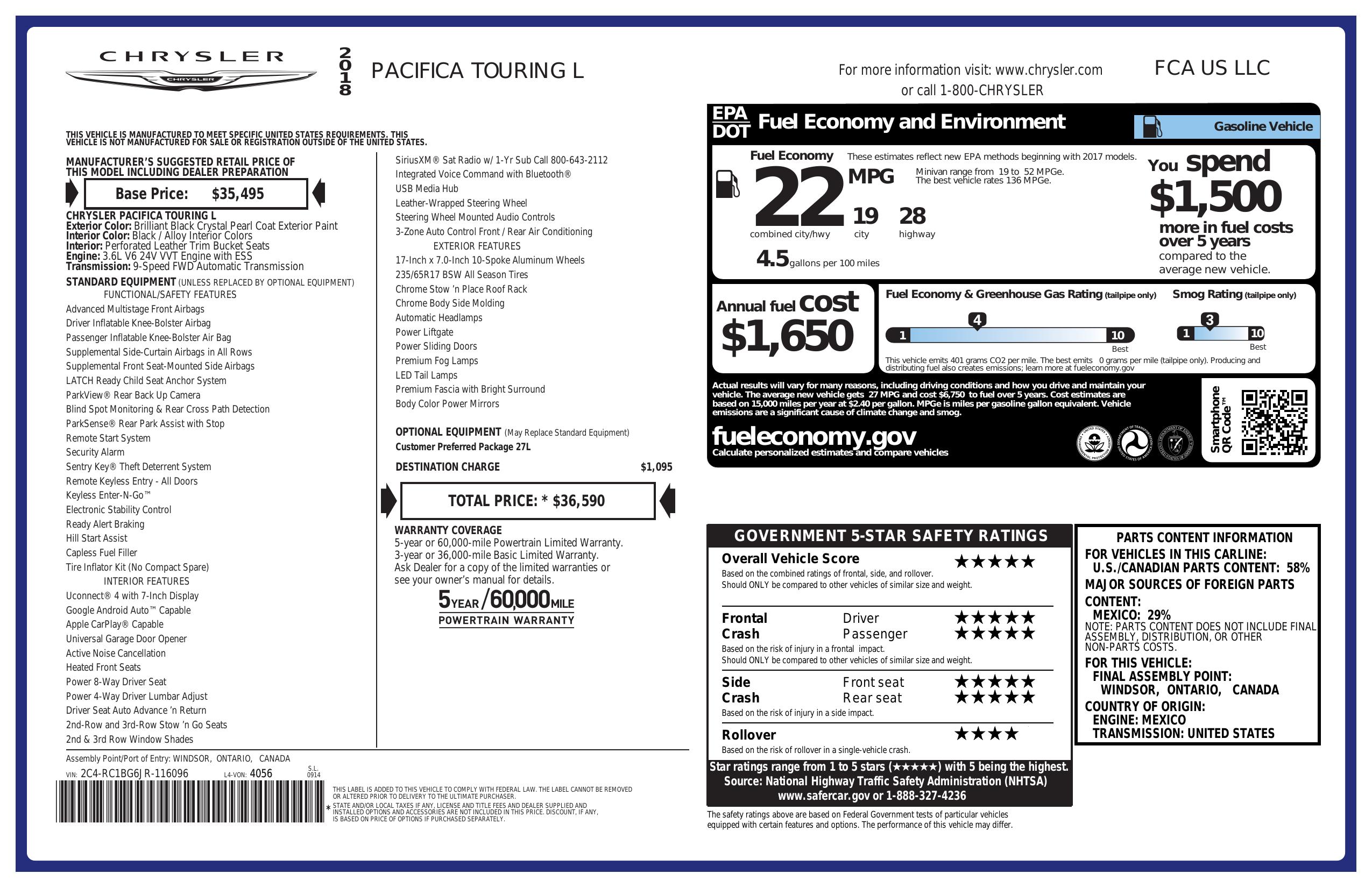 Window Sticker for 2018 Chrysler Pacifica Touring L Fwd