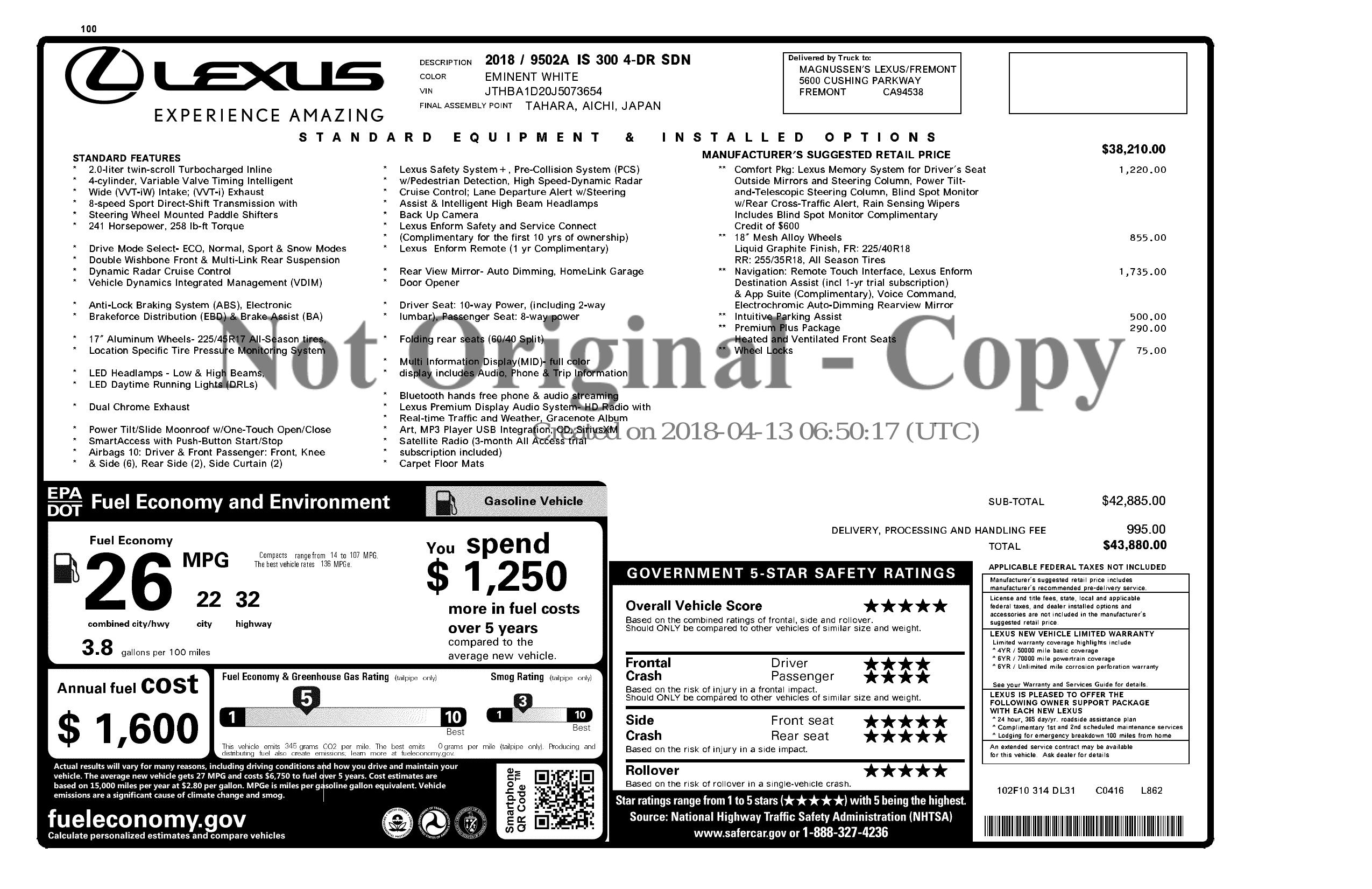 Window Sticker for 2018 Lexus Is 300 Rwd