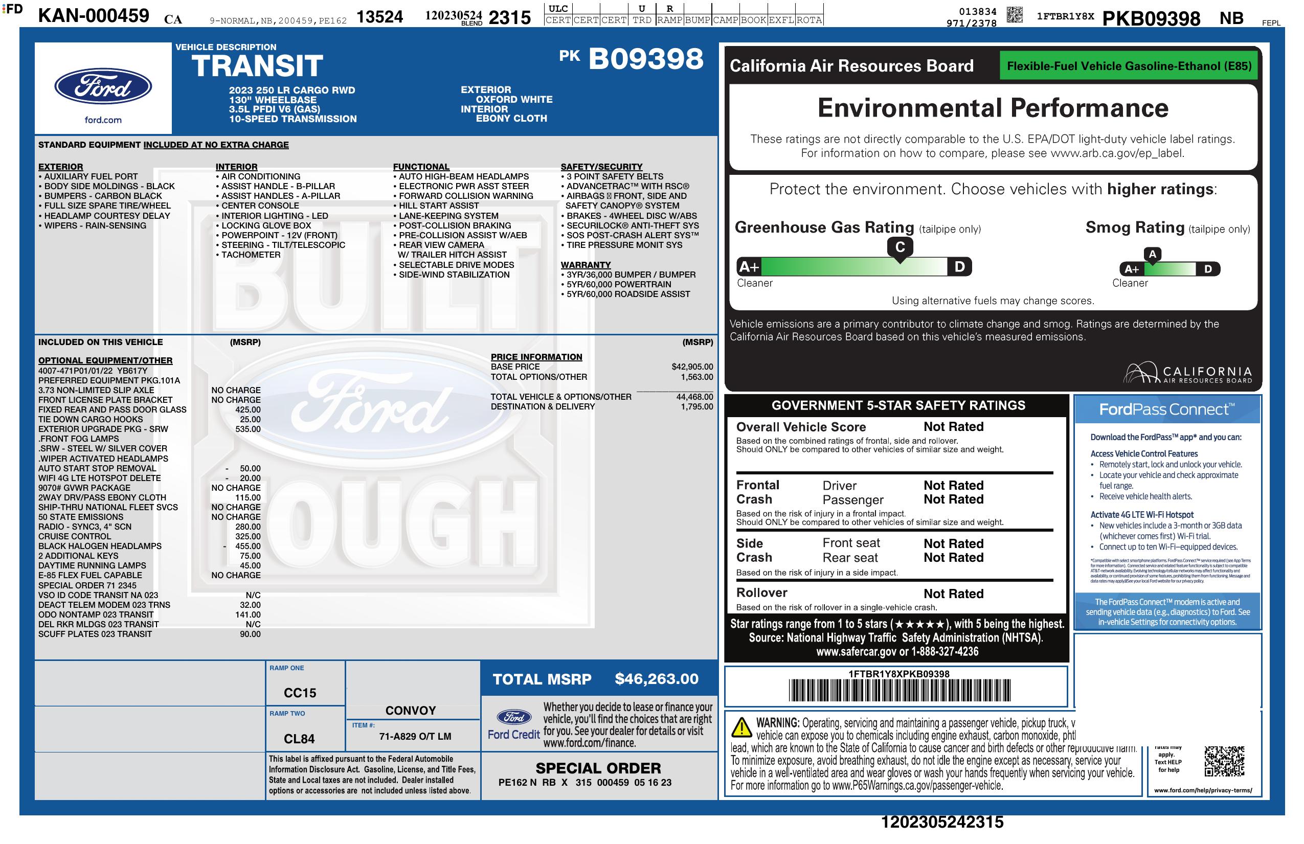 Window Sticker for 2023 Ford Transit Cargo Van T 250 Low Rf 9070 Gvwr Rwd