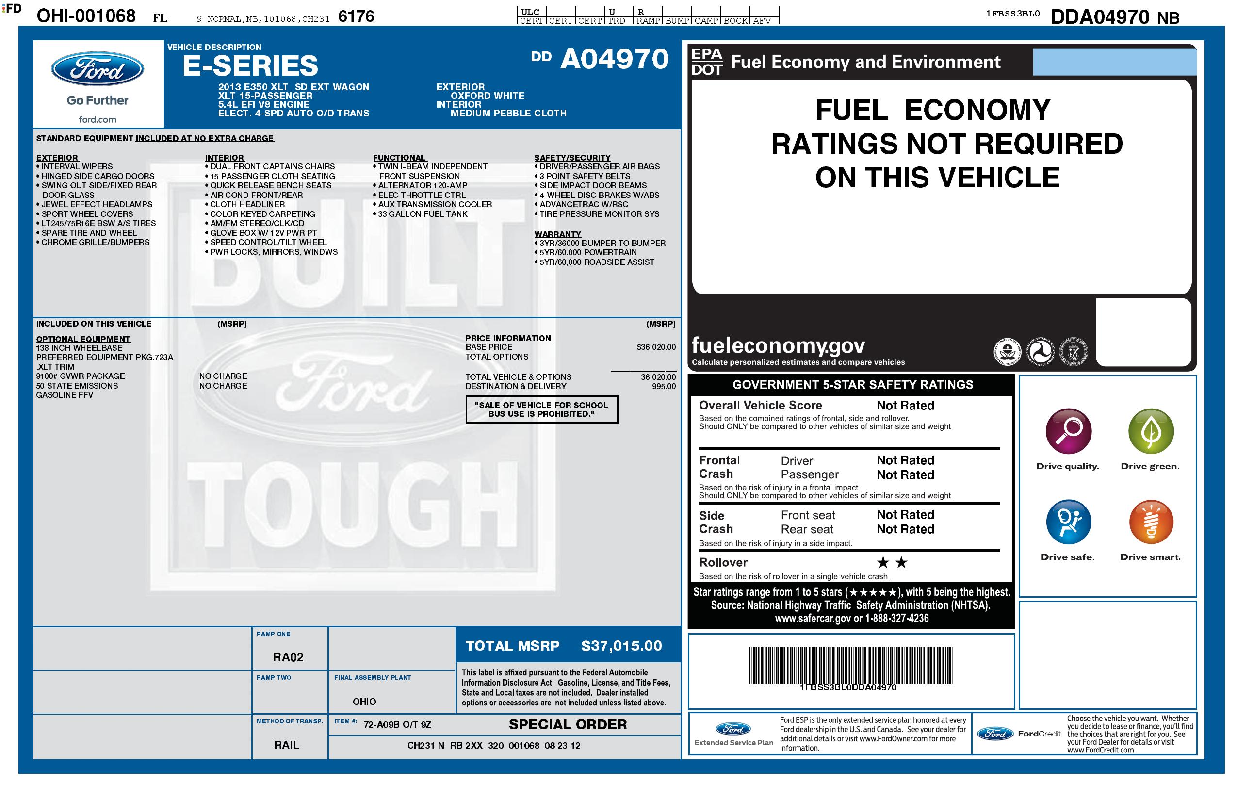 Window Sticker for 2013 Ford Econoline Wagon E 350 Super Duty Ext
