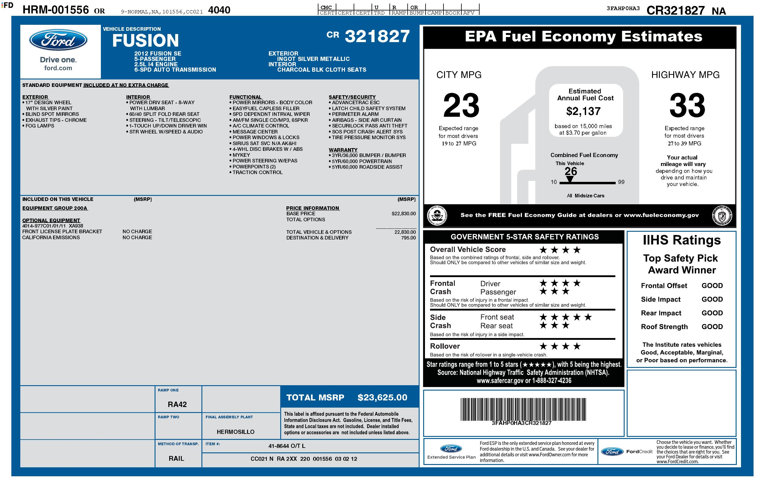 Window Sticker for 2012 Ford Fusion 4dr Sdn Se Fwd
