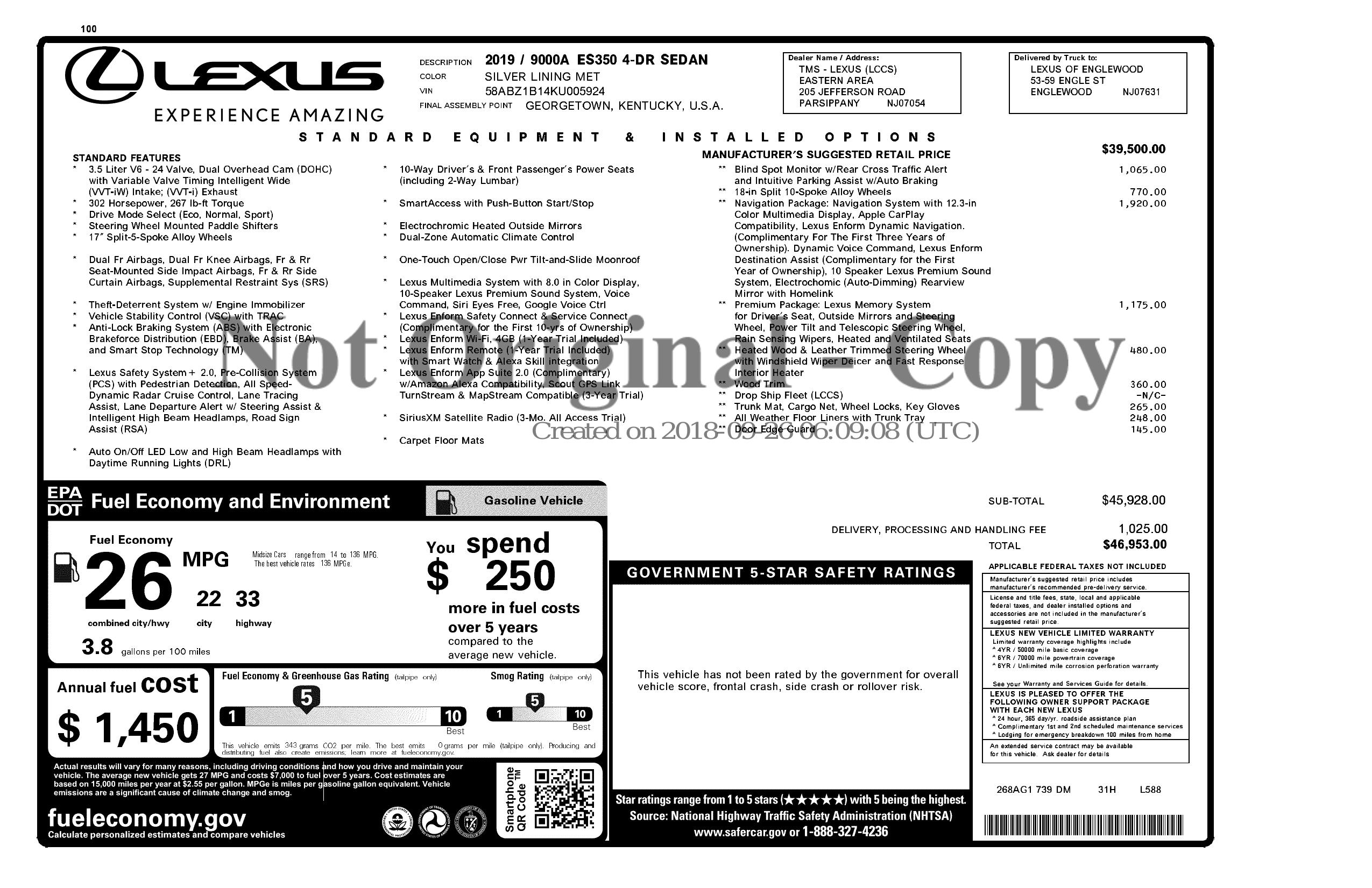 Window Sticker for 2019 Lexus Es 350 Fwd