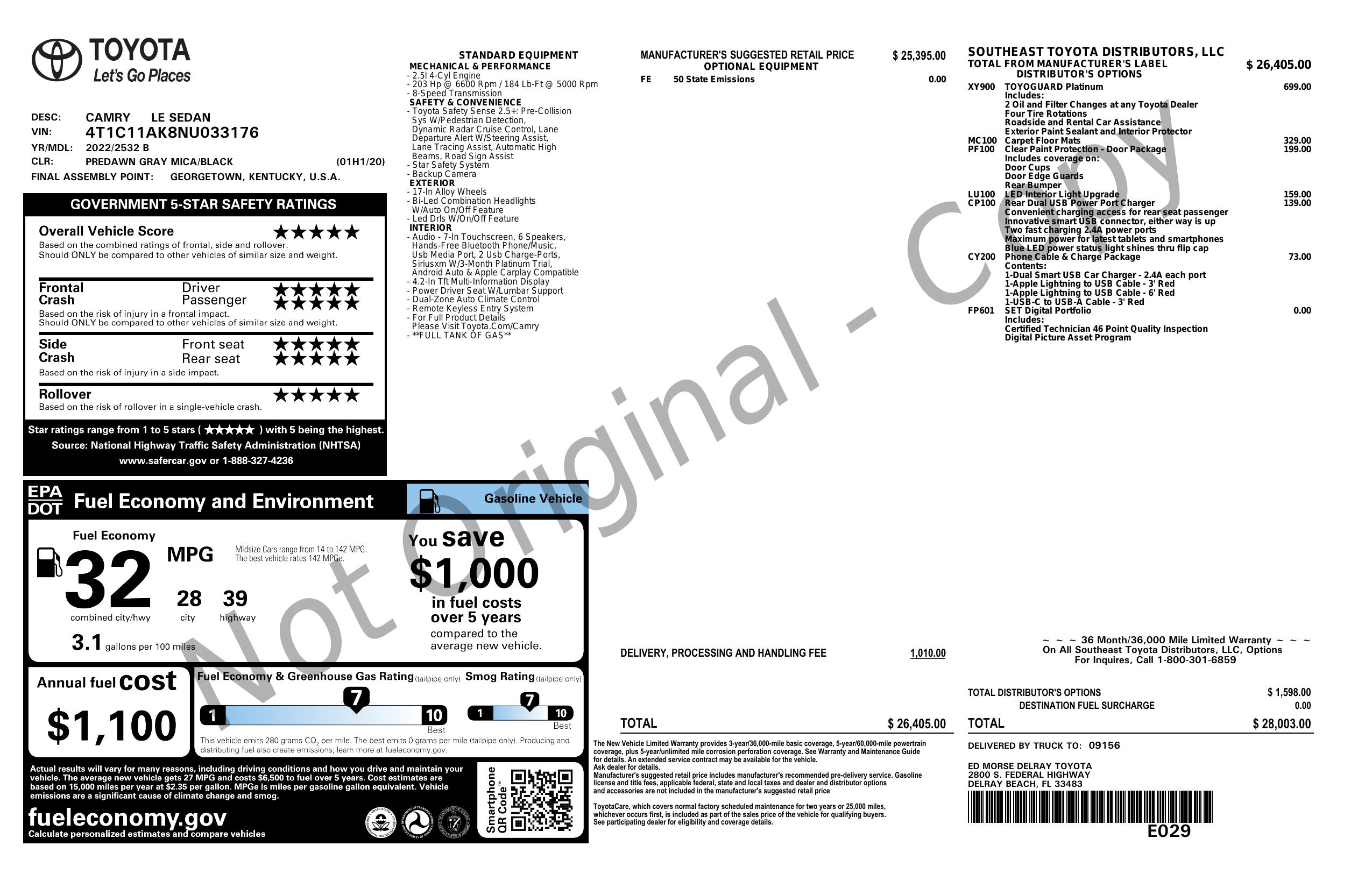 Window Sticker for 2022 Toyota Camry Le Auto (Natl)