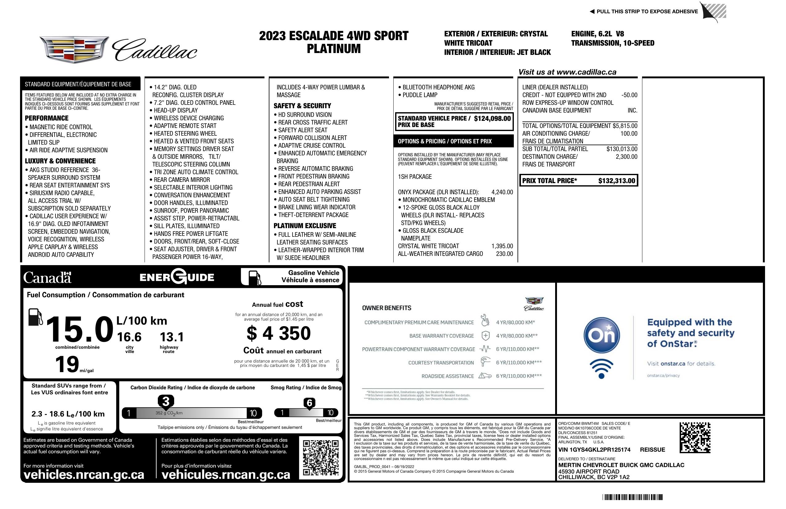 Window Sticker for 2023 Cadillac Escalade 4 Wd 4dr Sport Platinum