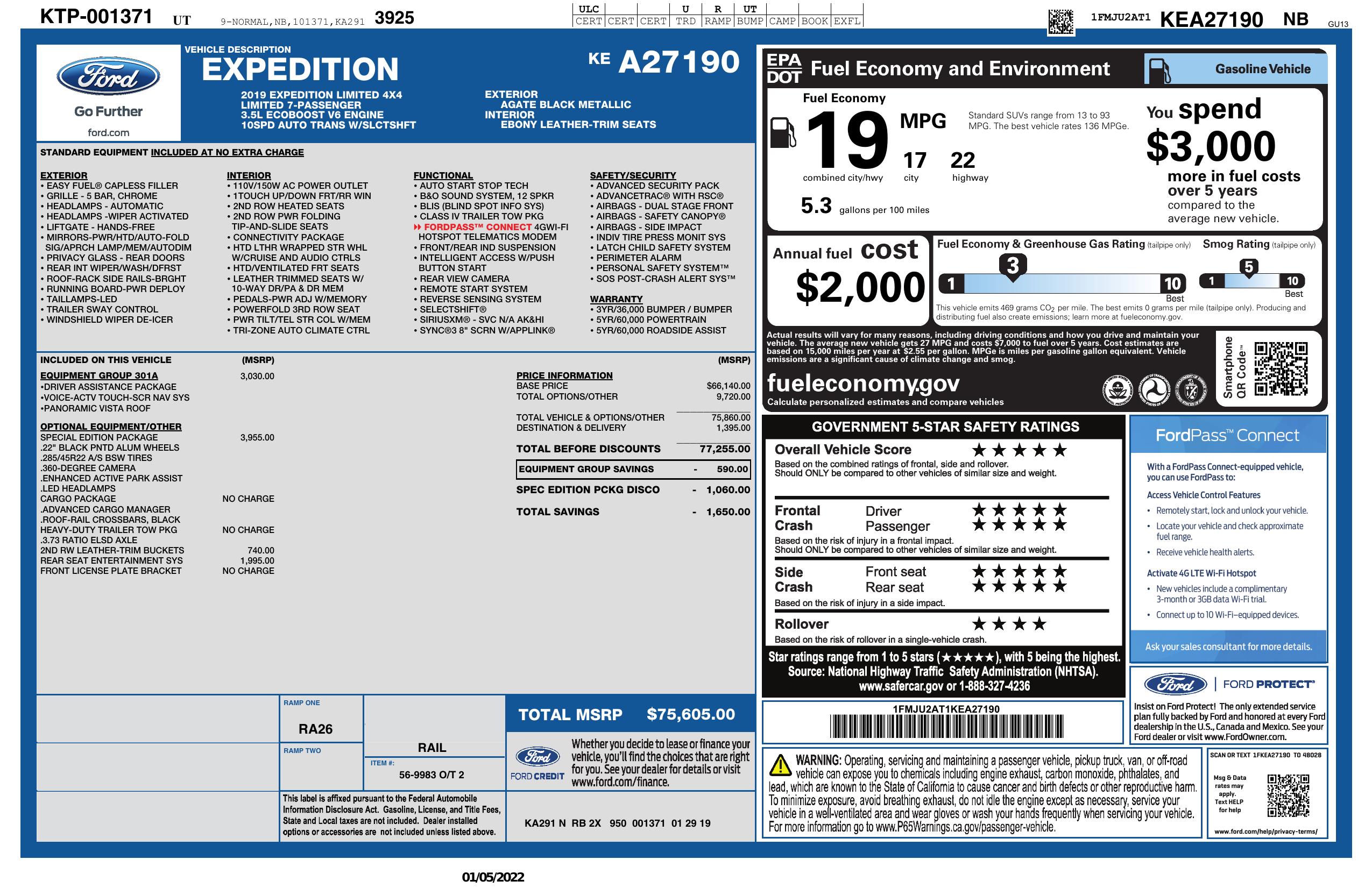 Window Sticker for 2019 Ford Expedition Limited 4x4