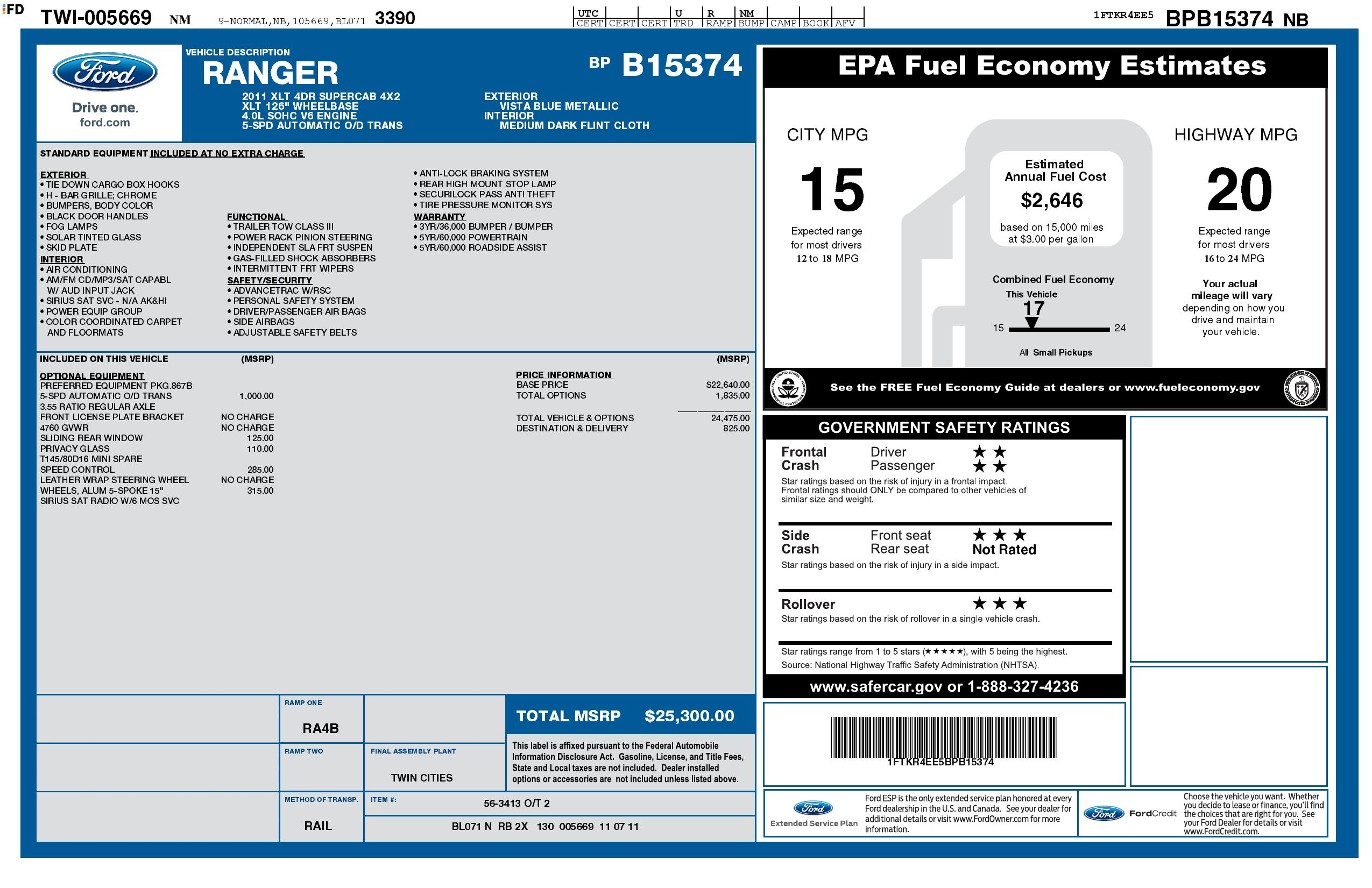 Window Sticker for 2011 Ford Ranger 2 Wd 4dr Super Cab 126"