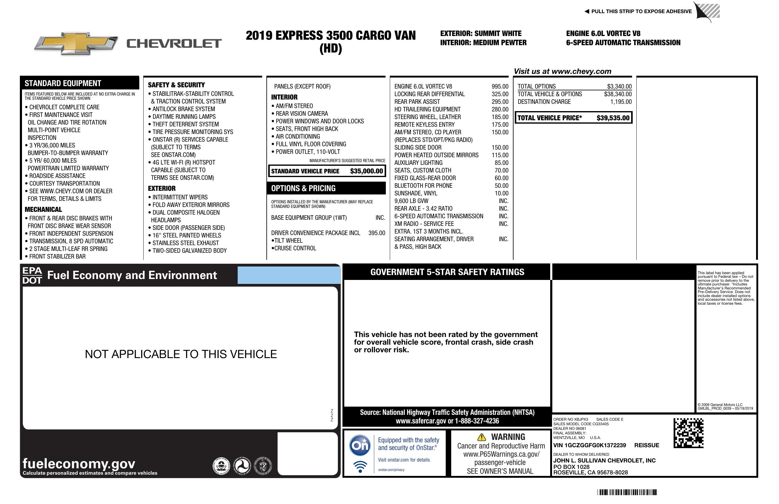 Window Sticker for 2019 Chevrolet Express Cargo Van Rwd 3500 135"