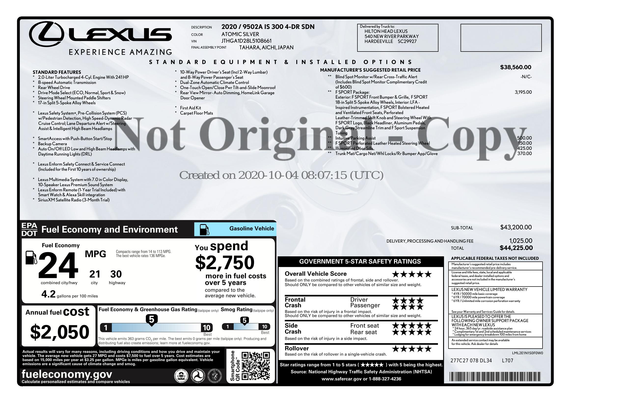 Window Sticker for 2020 Lexus Is Is 300 F Sport Rwd
