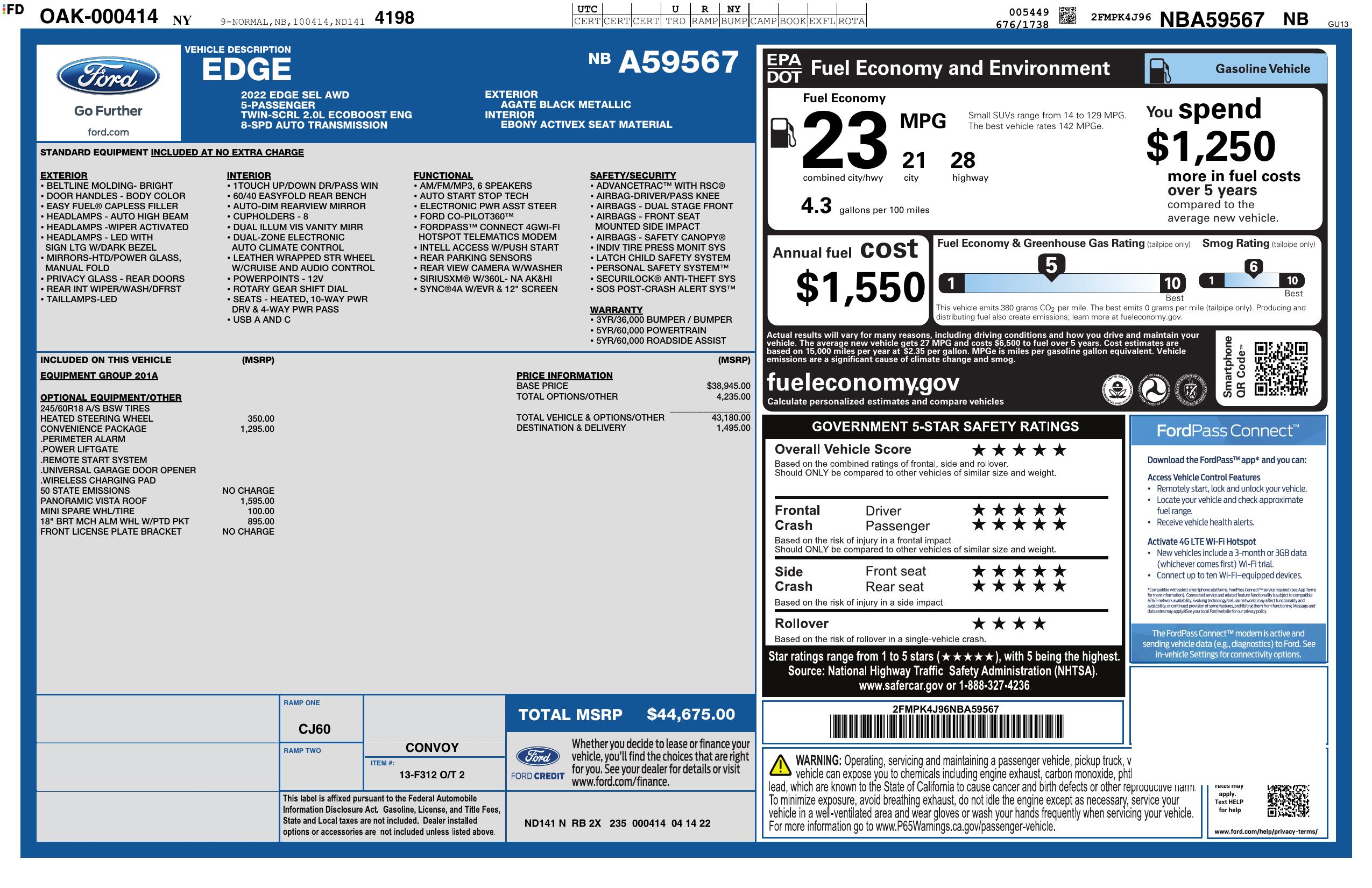 Window Sticker for 2022 Ford Edge Awd