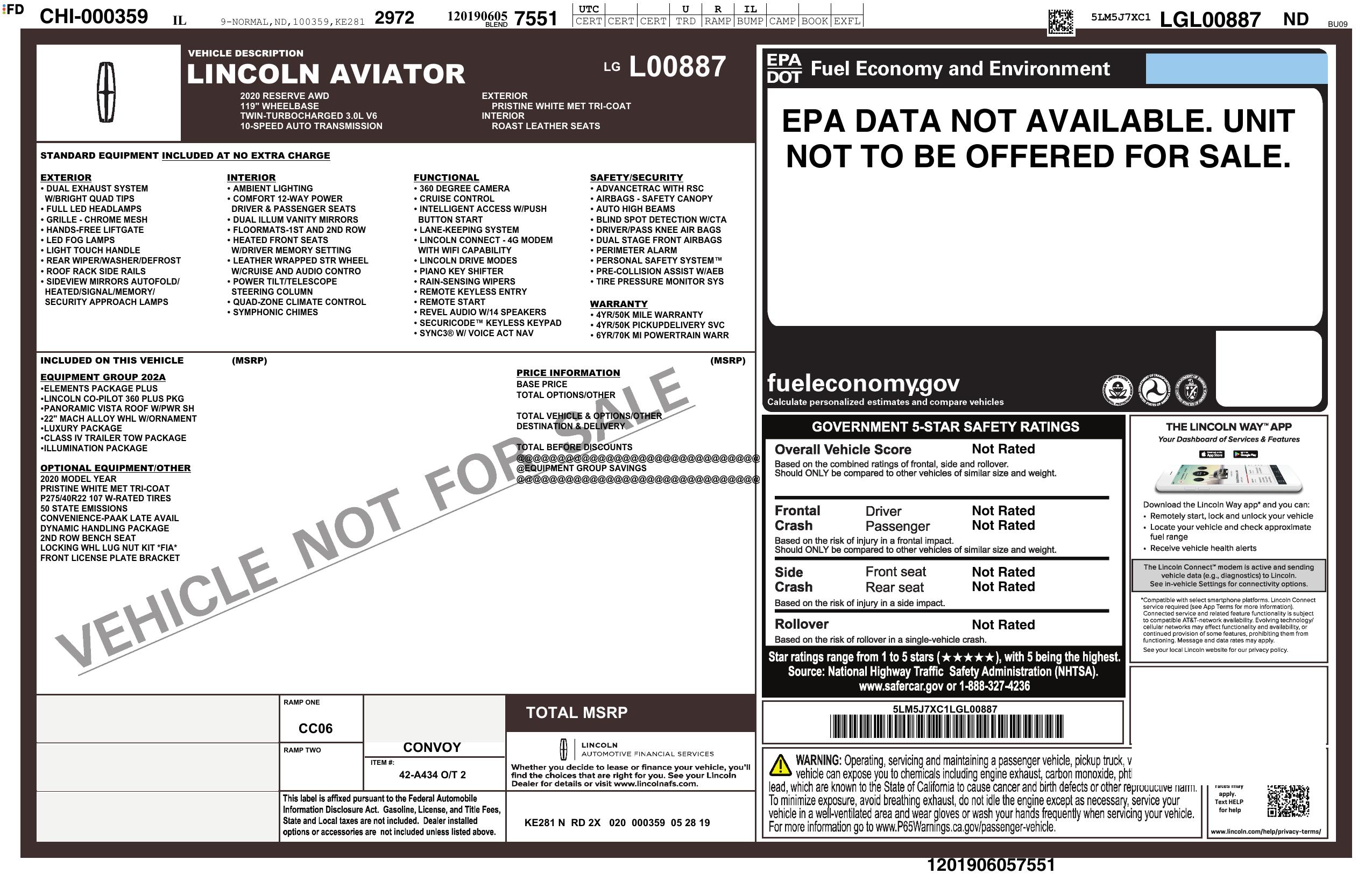 Window Sticker for 2020 Lincoln Aviator Reserve Awd