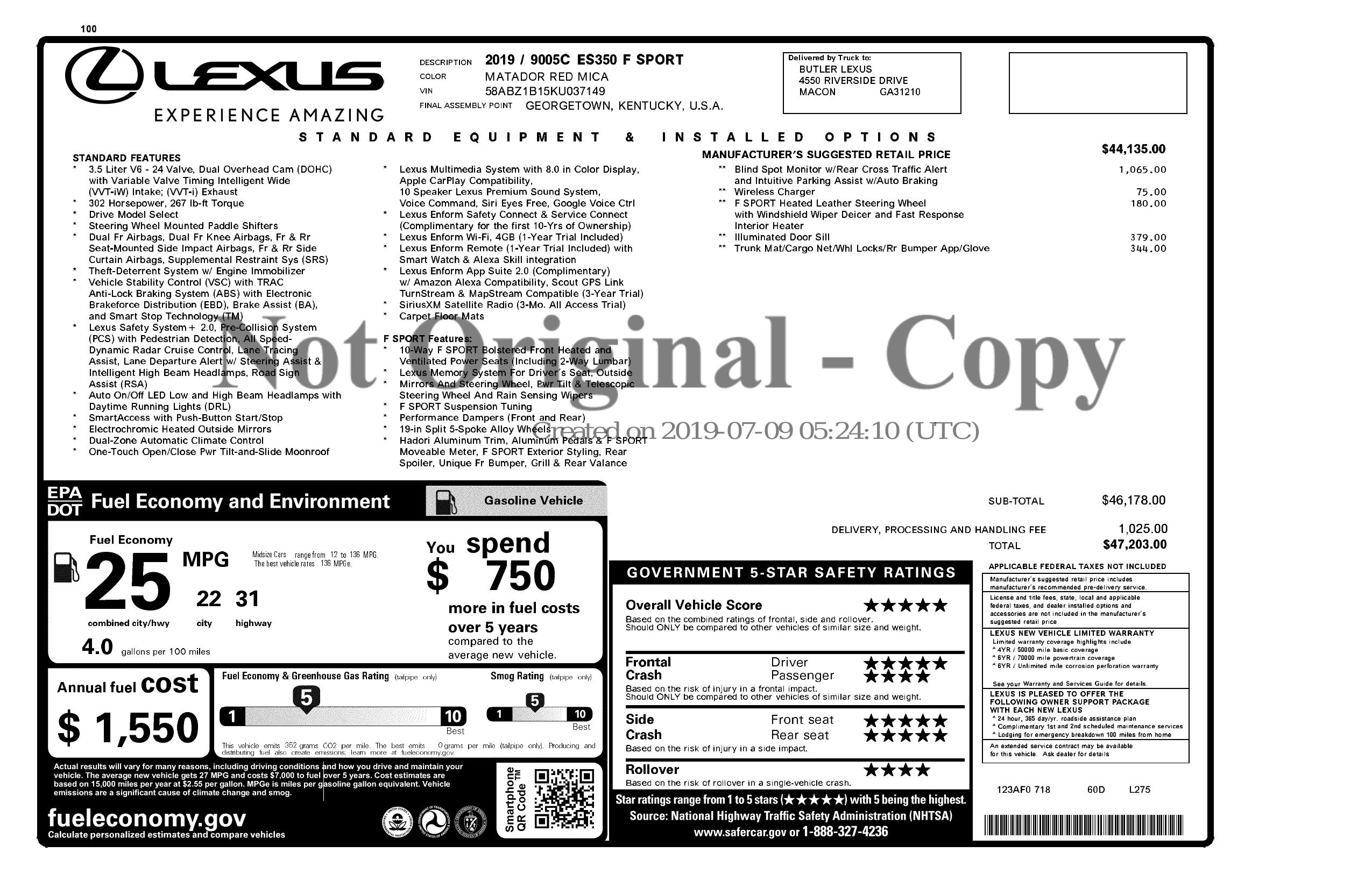 Window Sticker for 2019 Lexus Es 350 Fwd