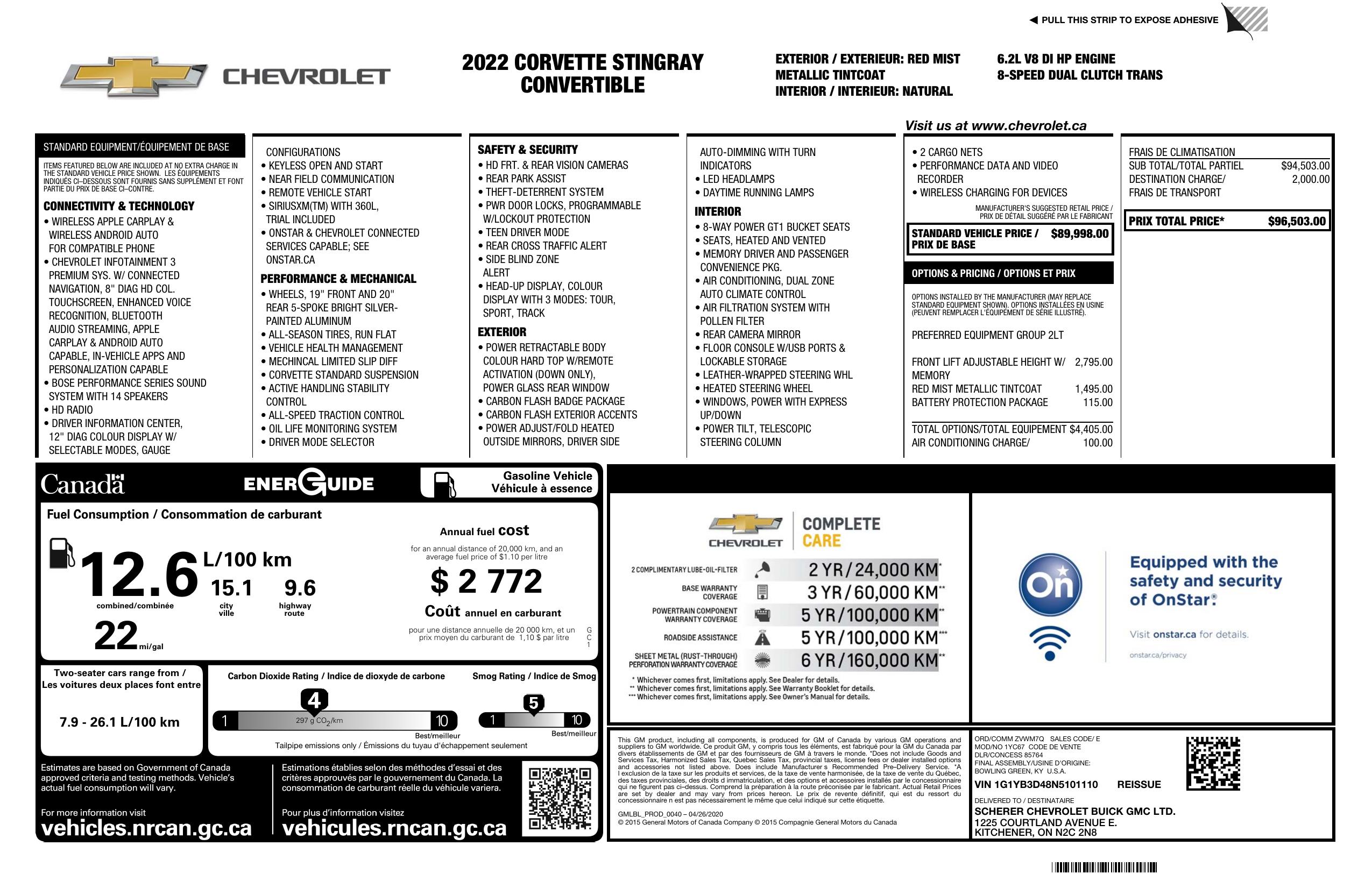 Window Sticker for 2022 Chevrolet Corvette 2dr Stingray Conv W/2 Lt