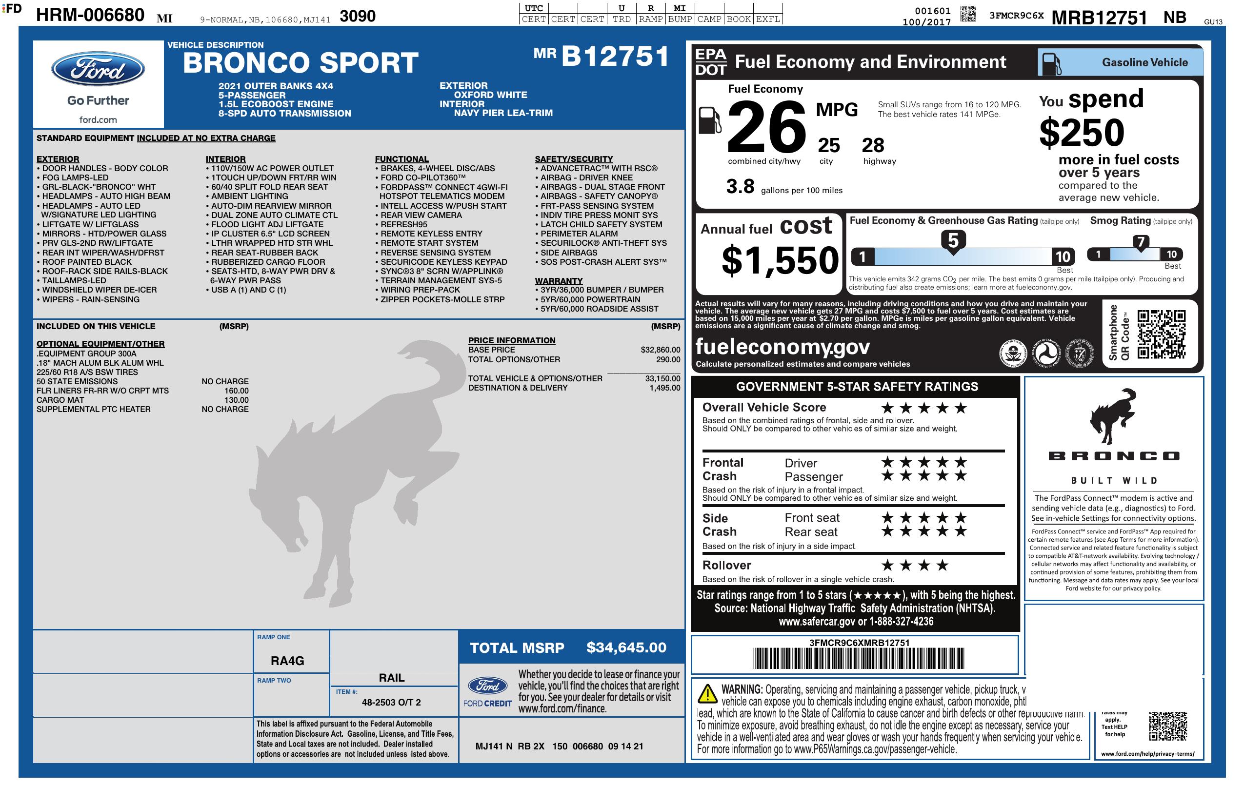 Window Sticker for 2021 Ford Bronco Sport Outer Banks 4x4