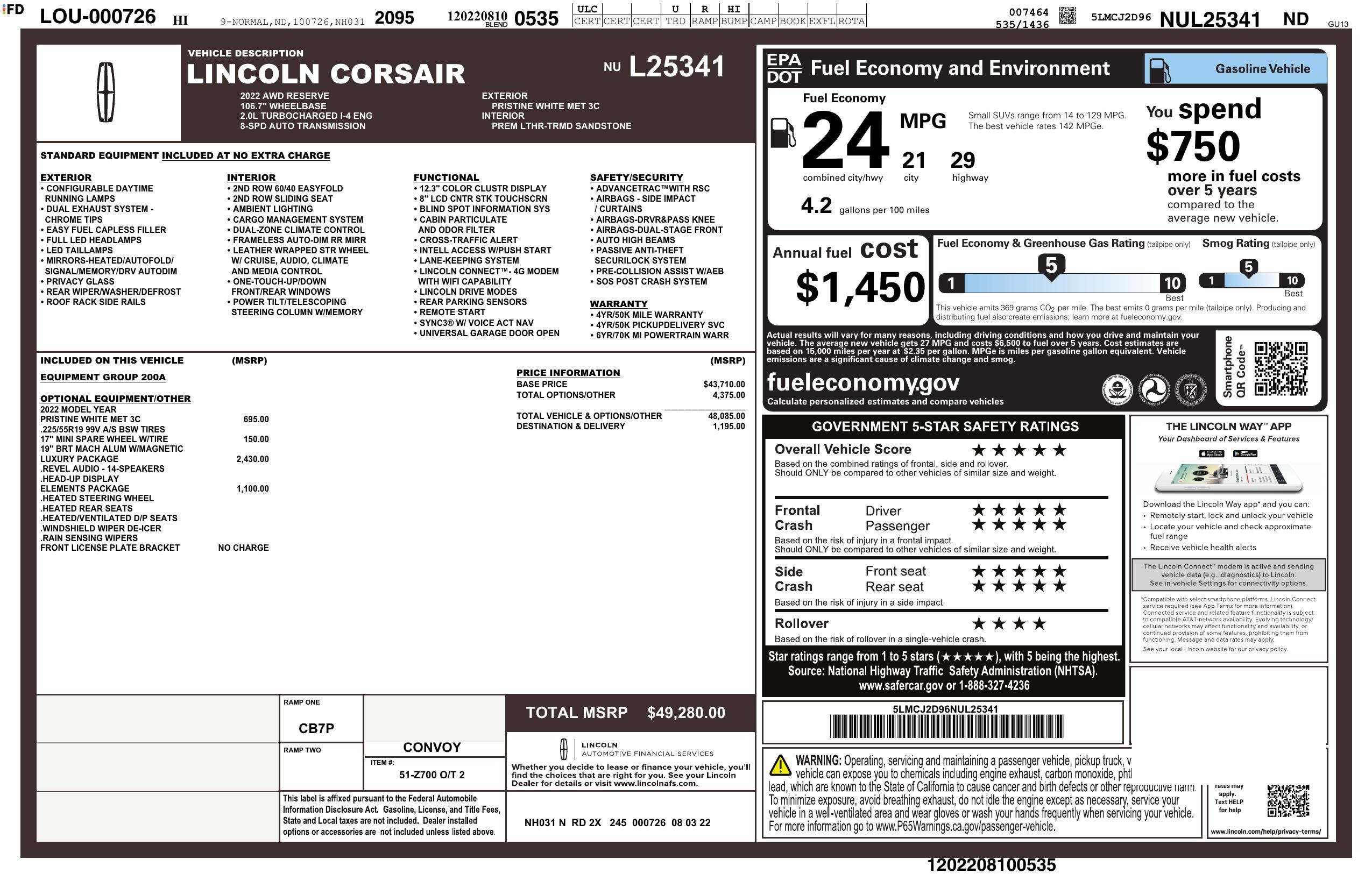 Window Sticker for 2022 Lincoln Corsair Reserve Awd