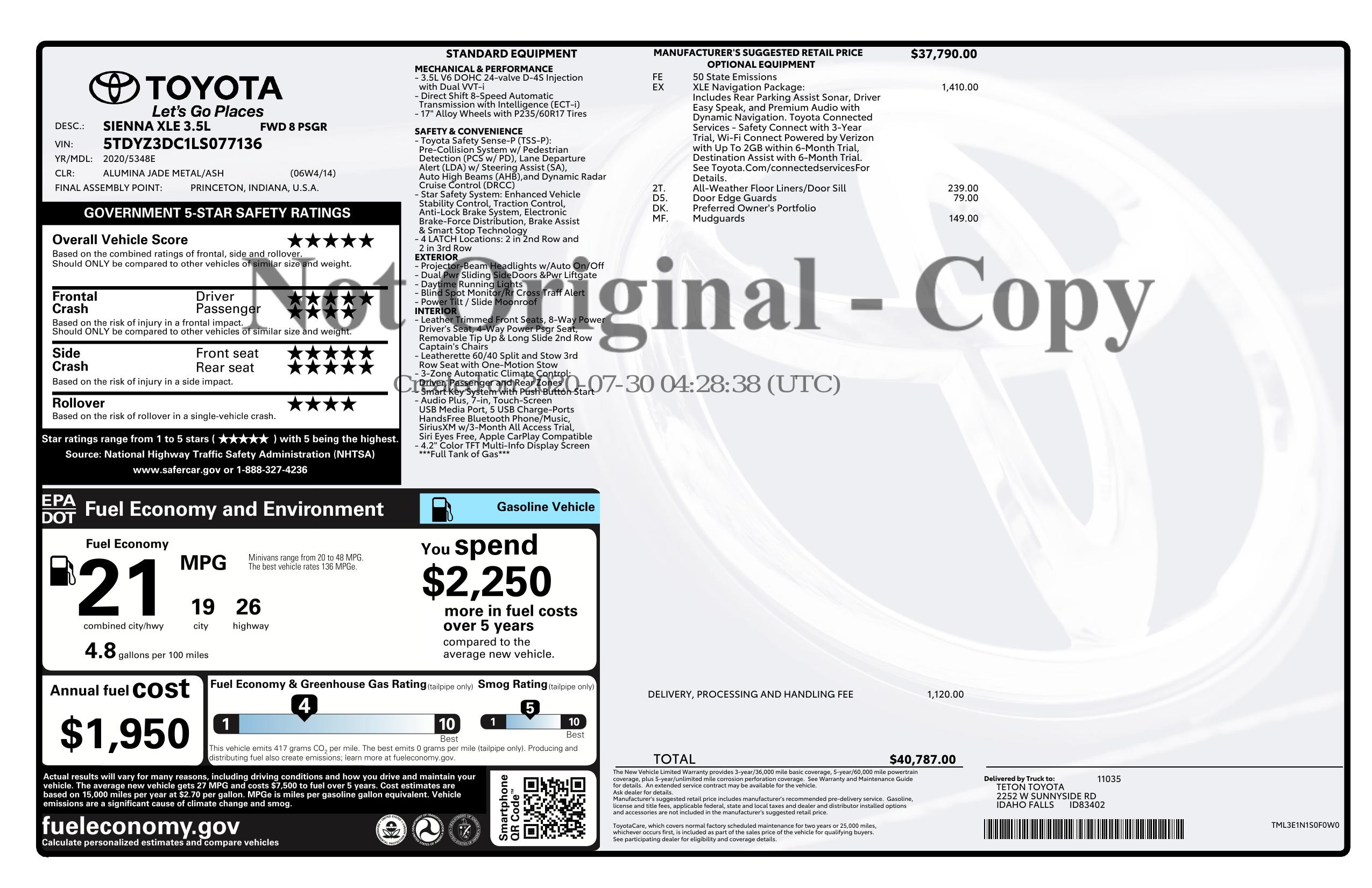 Window Sticker for 2020 Toyota Sienna Fwd (Natl)