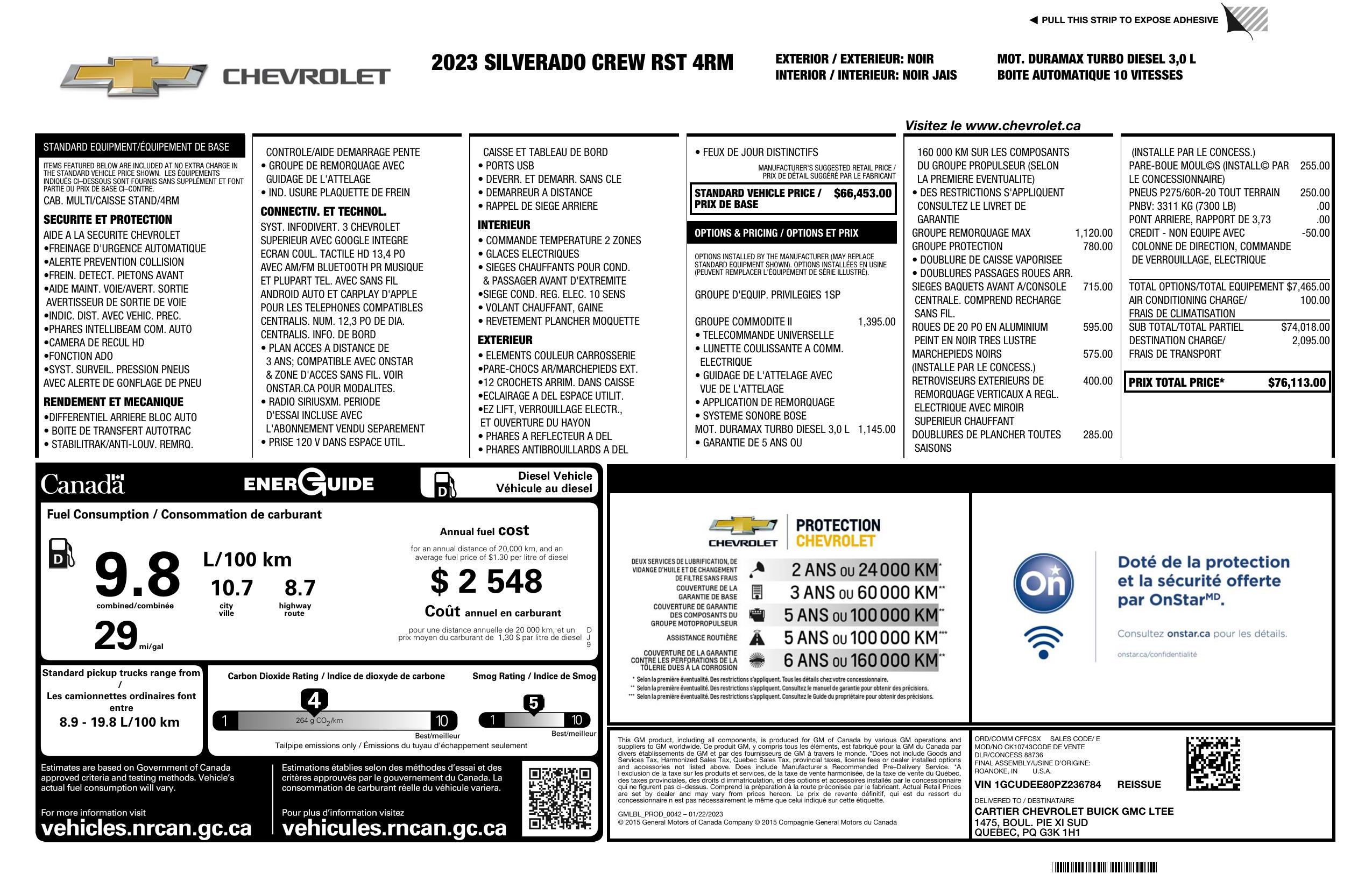 Window Sticker for 2023 Chevrolet Silverado 1500 4 Wd Crew Cab Rst