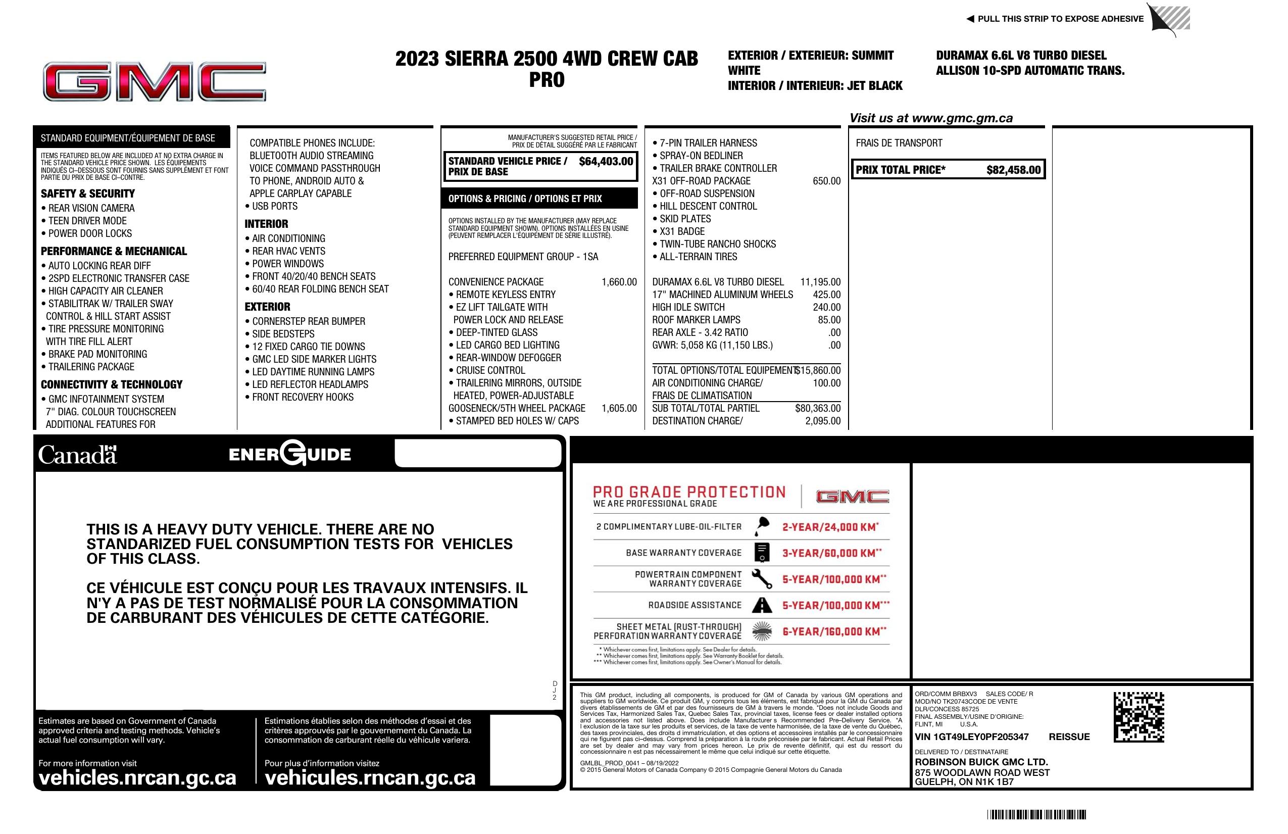 Window Sticker for 2023 GMC Sierra 2500 Hd 4 Wd Crew Cab Pro