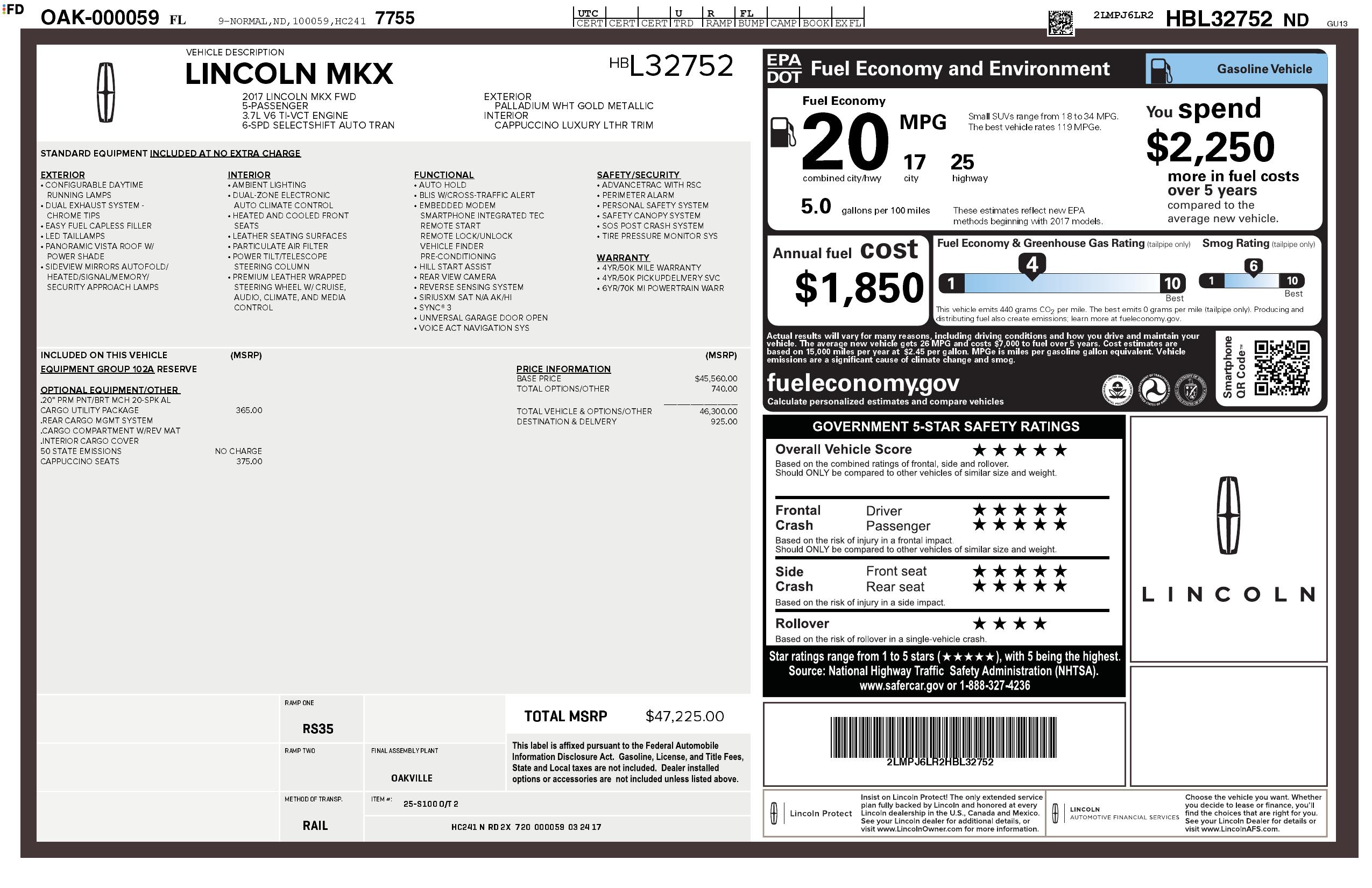 Window Sticker for 2017 Lincoln Mkx Reserve Fwd