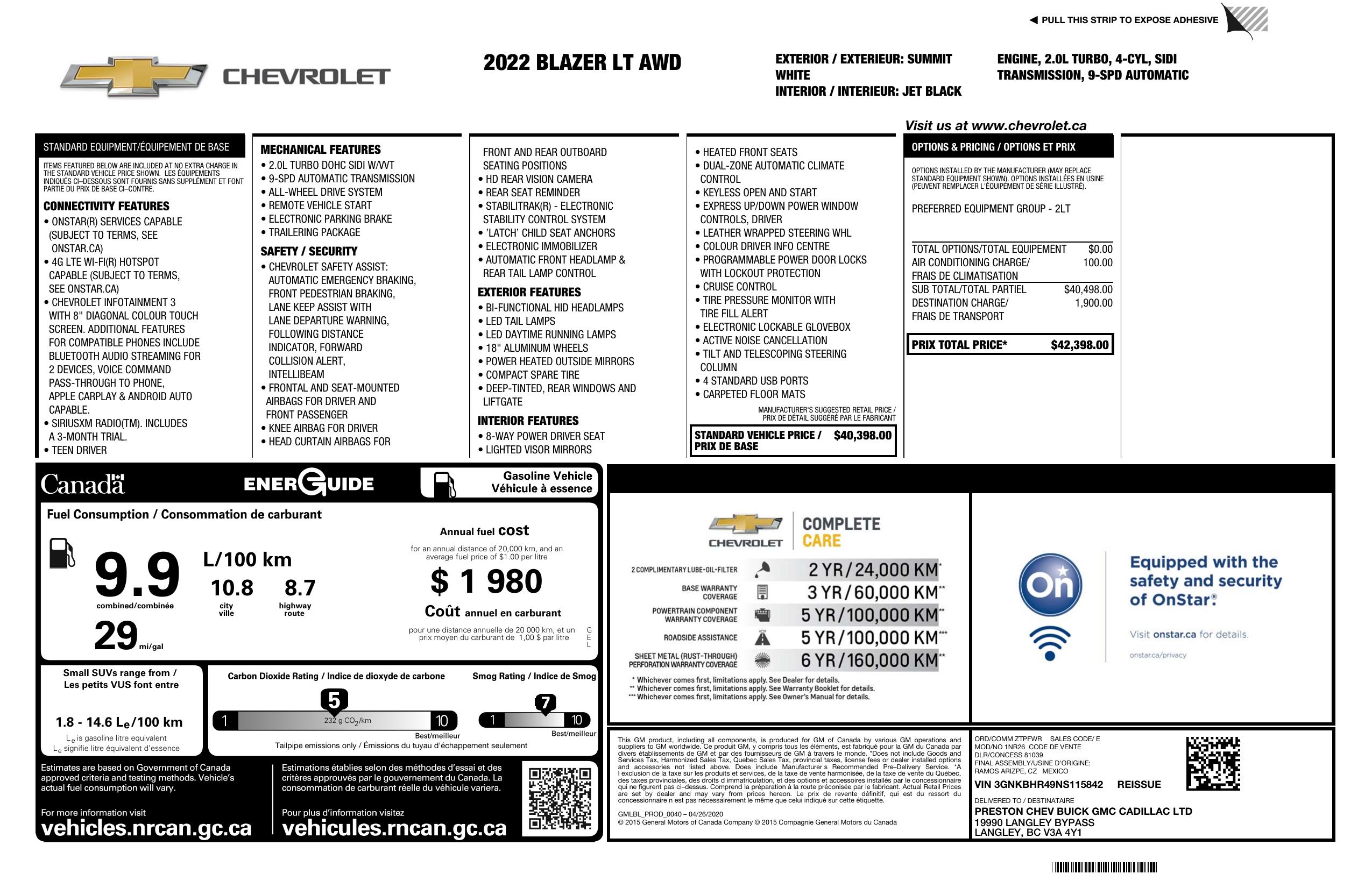 Window Sticker for 2022 Chevrolet Blazer Awd 4dr Lt W/2 Lt