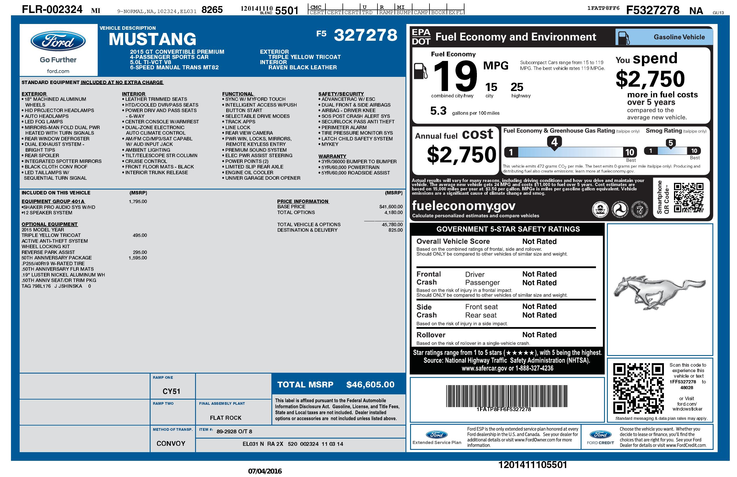 Window Sticker for 2015 Ford Mustang 2dr Conv Gt Premium