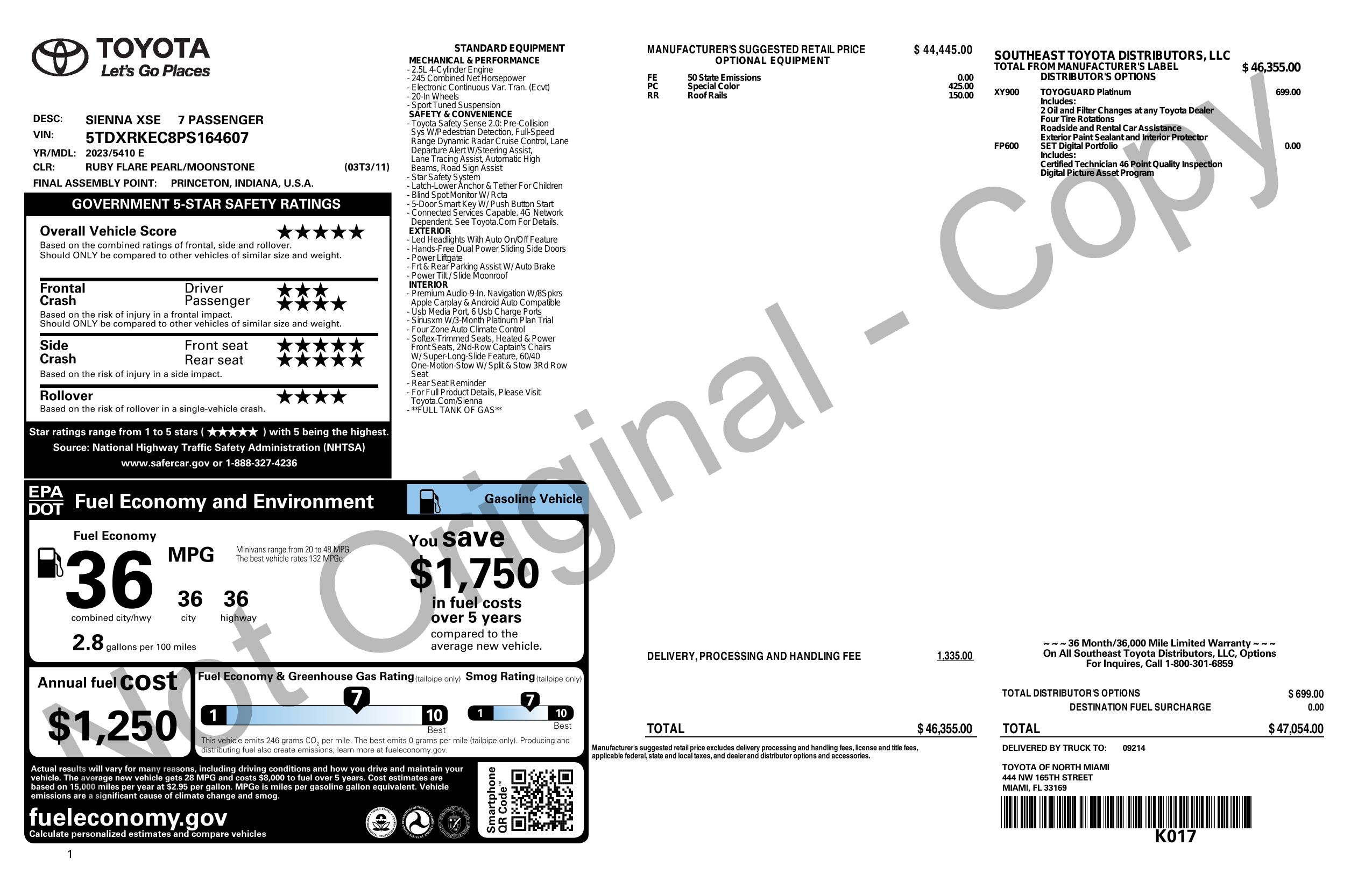 Window Sticker for 2023 Toyota Sienna Xse Fwd 7 Passenger (Natl)