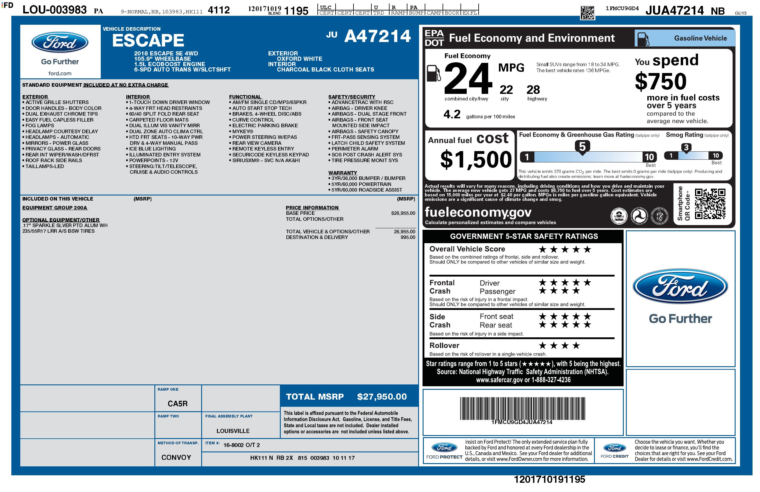 Window Sticker for 2018 Ford Escape Se 4 Wd