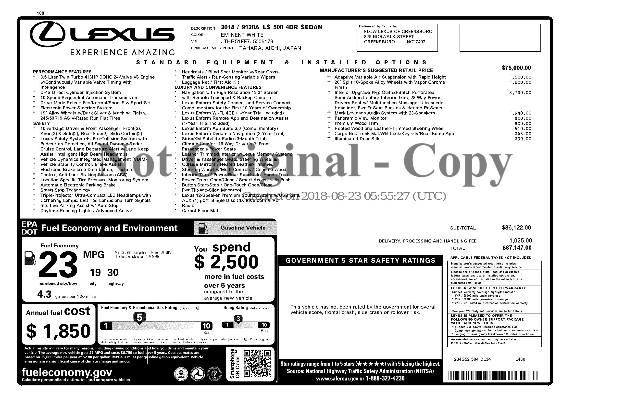 Window Sticker for 2018 Lexus Ls 500 Rwd