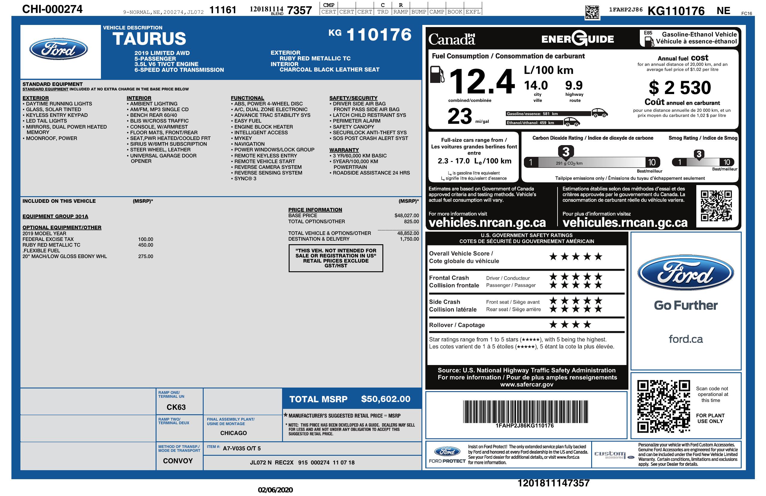 Window Sticker for 2019 Ford Taurus Limited Awd