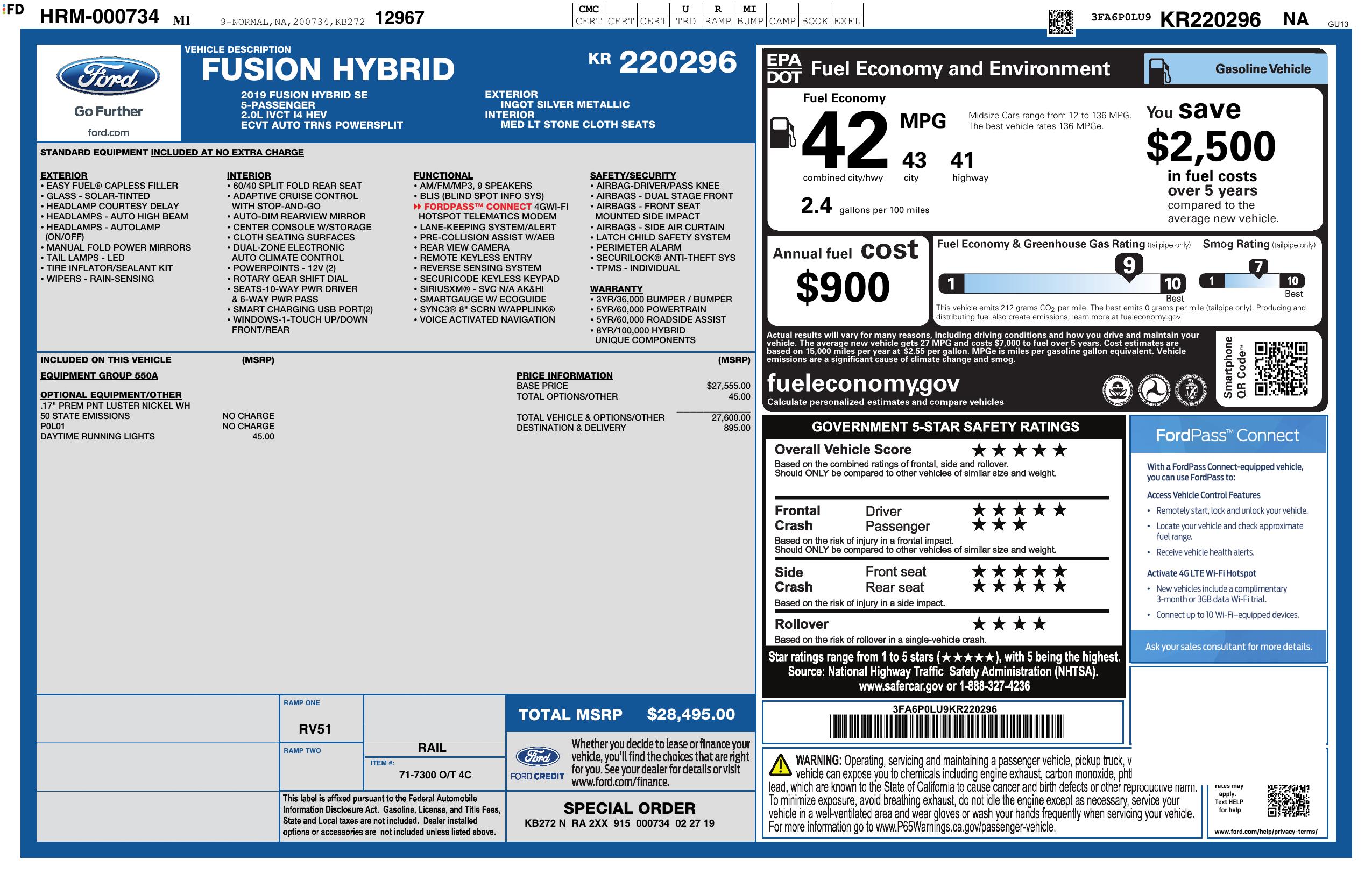 Window Sticker for 2019 Ford Fusion Hybrid Se Fwd