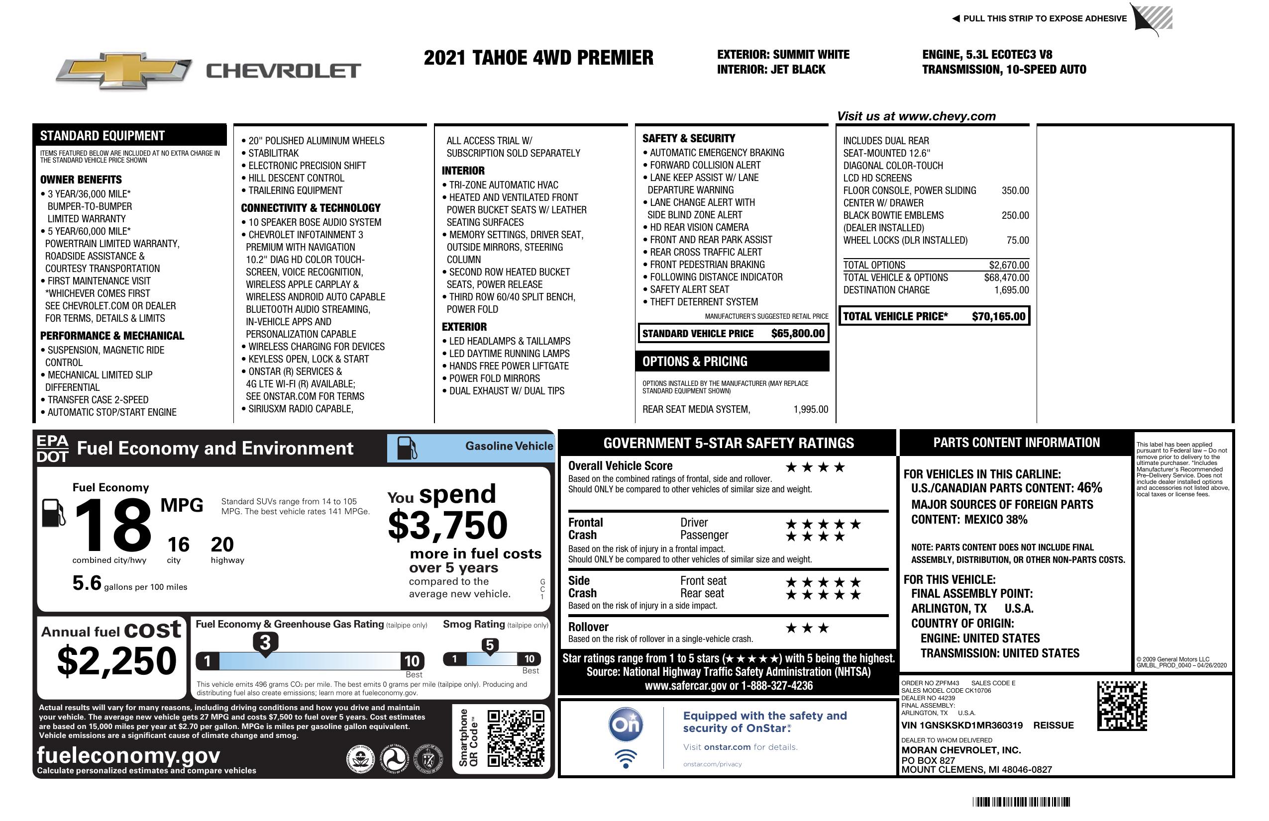 Window Sticker for 2021 Chevrolet Tahoe 4 Wd 4dr Premier