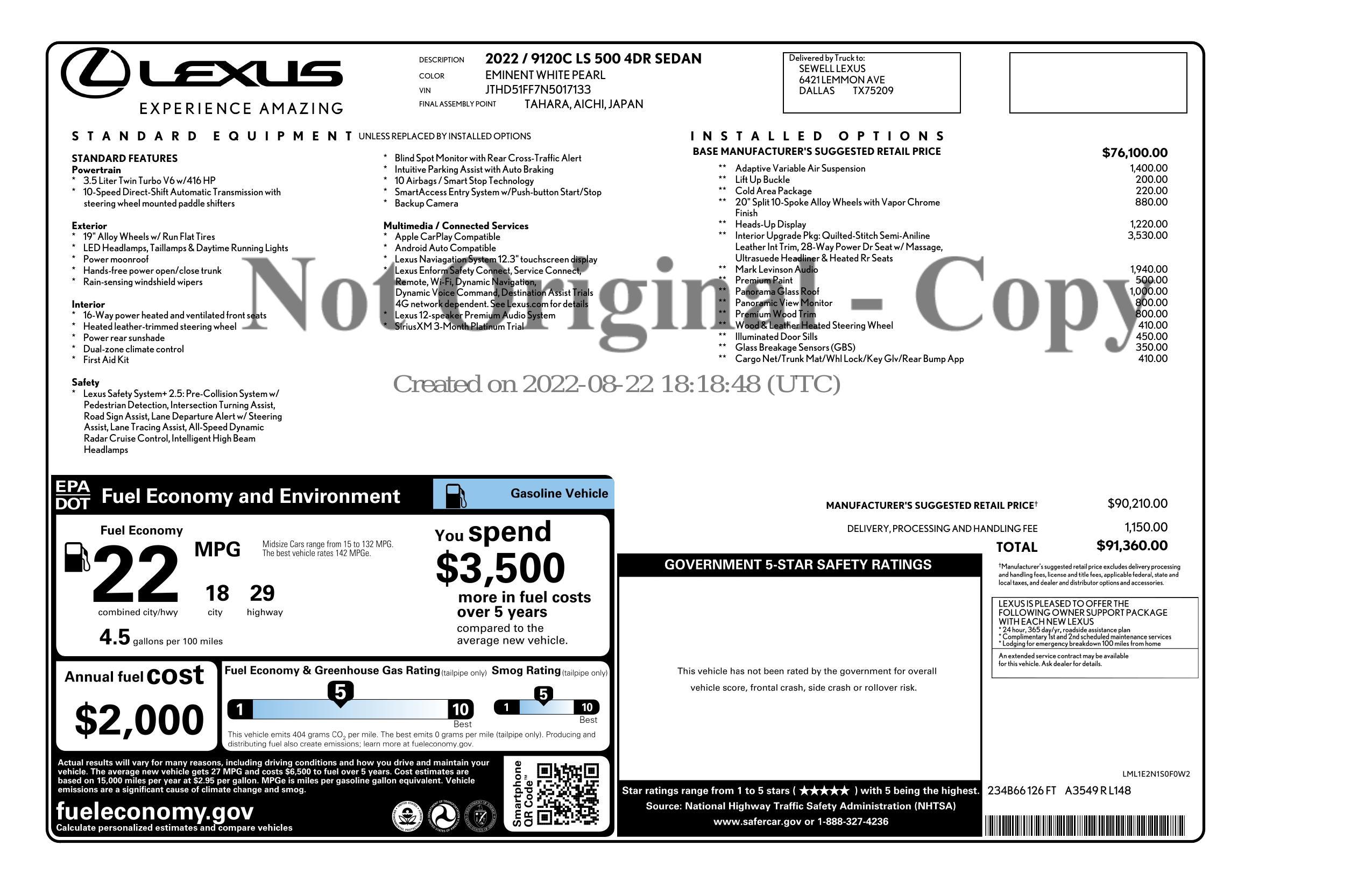 Window Sticker for 2022 Lexus Ls Ls 500 Rwd