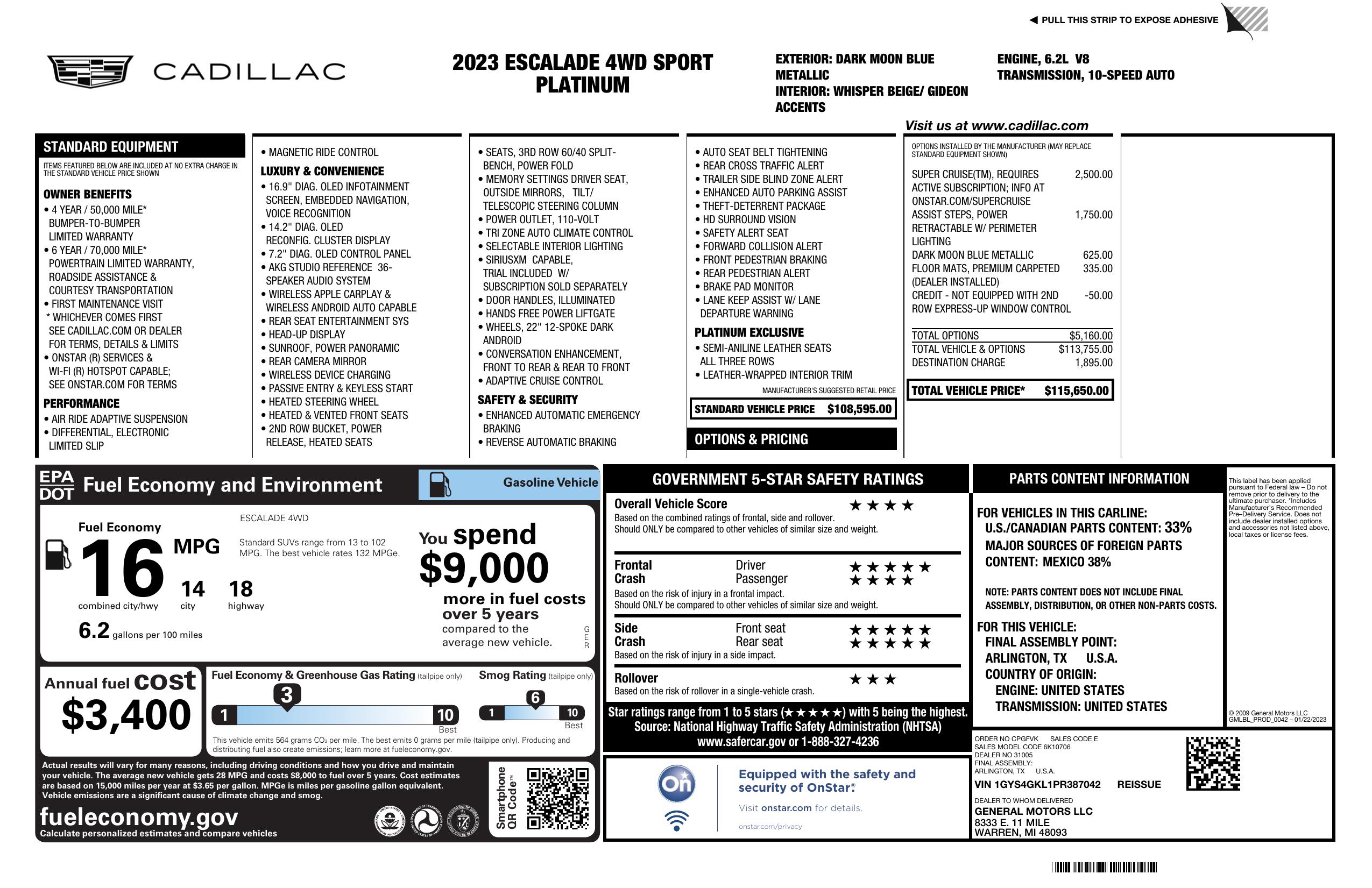 Window Sticker for 2023 Cadillac Escalade 4 Wd 4dr Sport Platinum