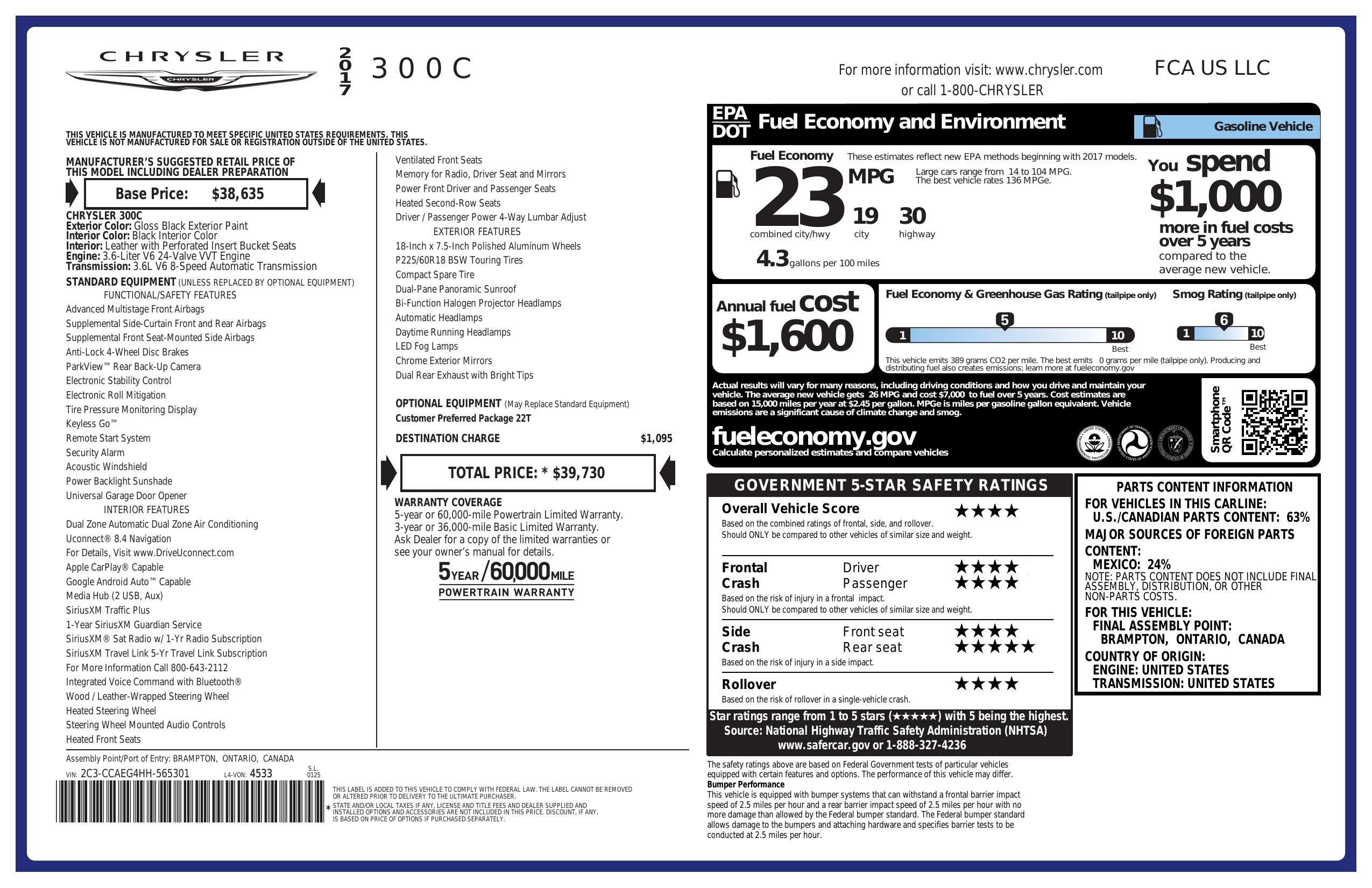 Window Sticker for 2017 Chrysler 300 300 C Rwd