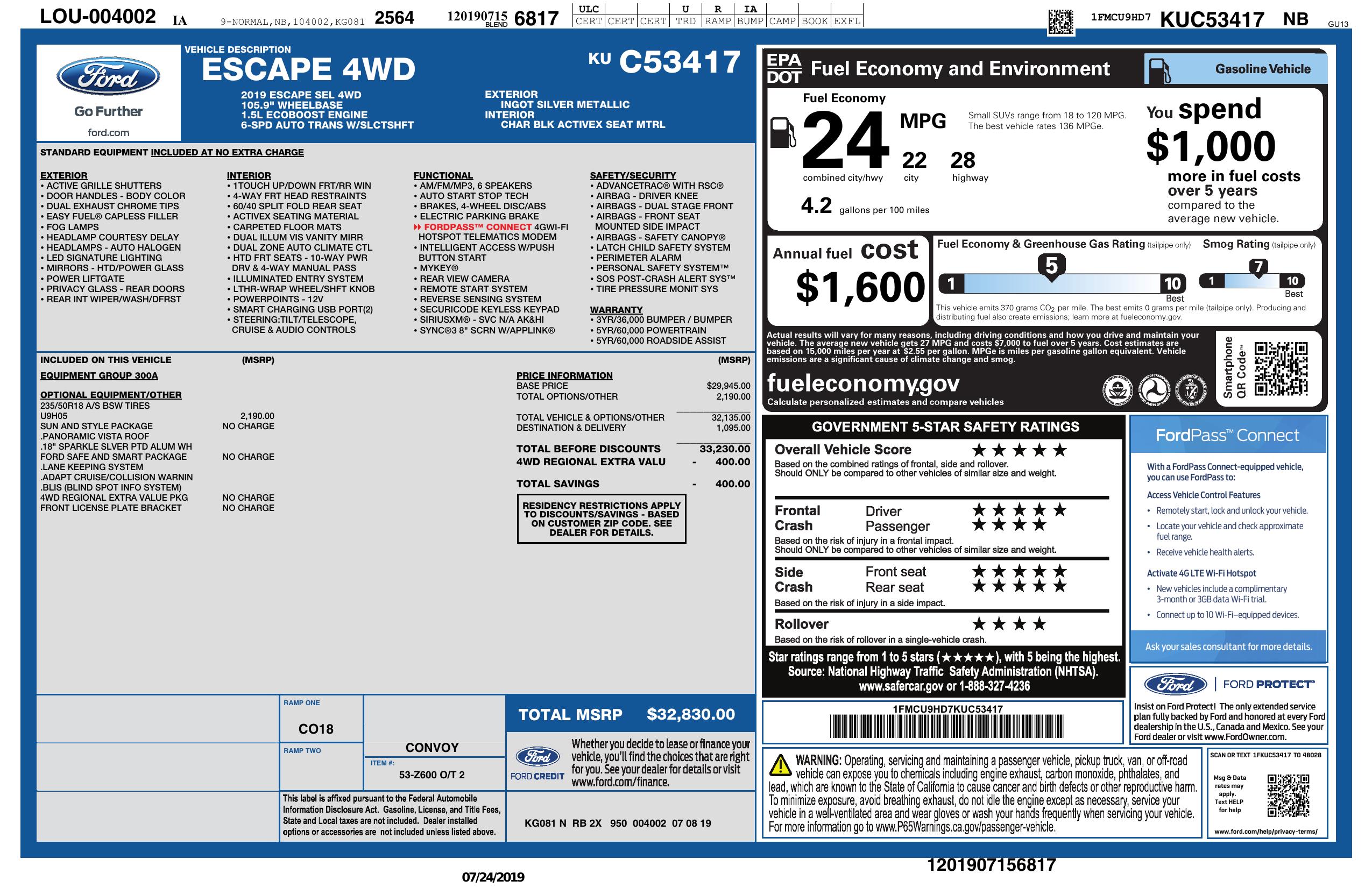 Window Sticker for 2019 Ford Escape Sel 4 Wd