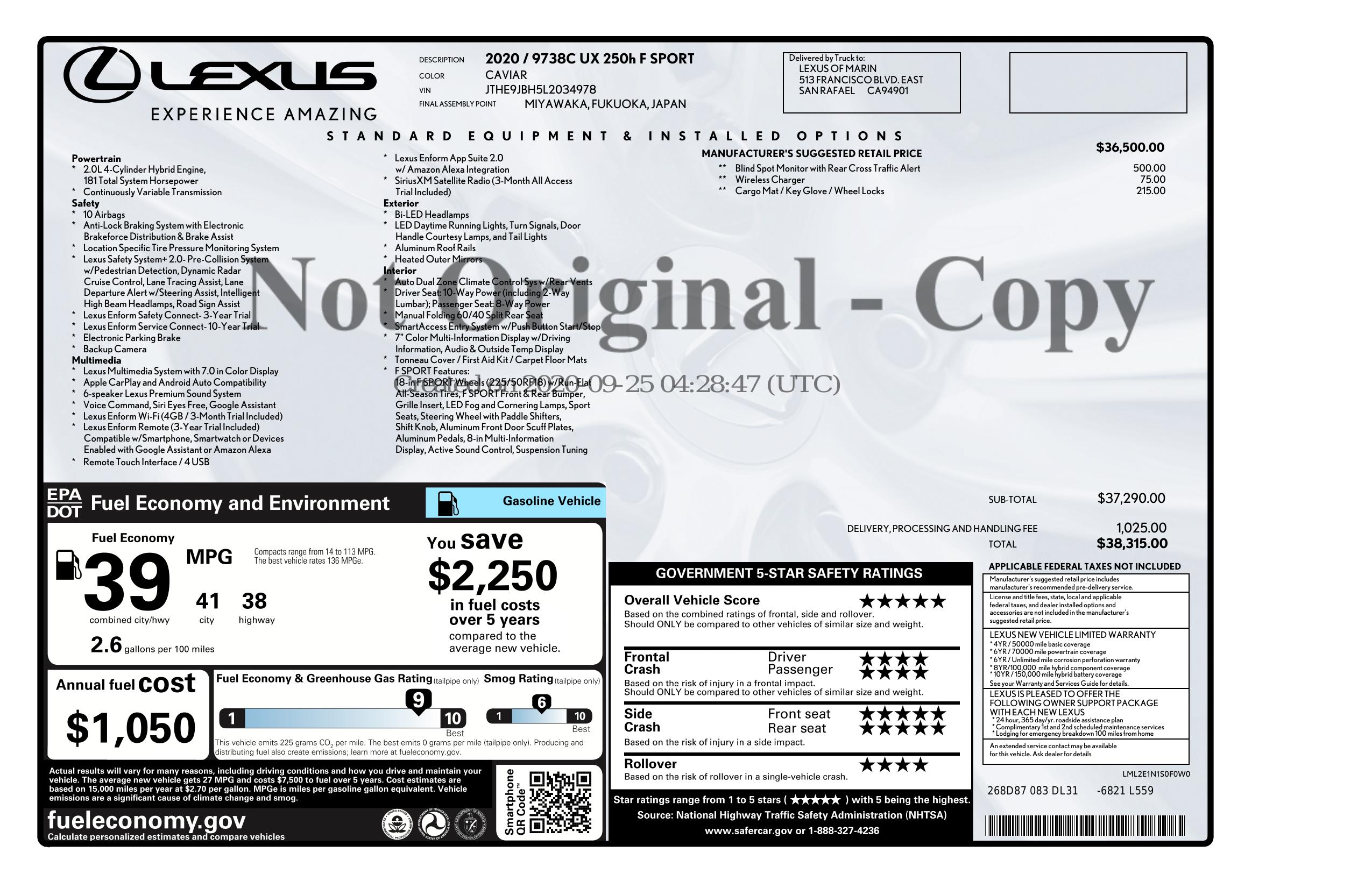 Window Sticker for 2020 Lexus Ux Ux 250h F Sport Awd