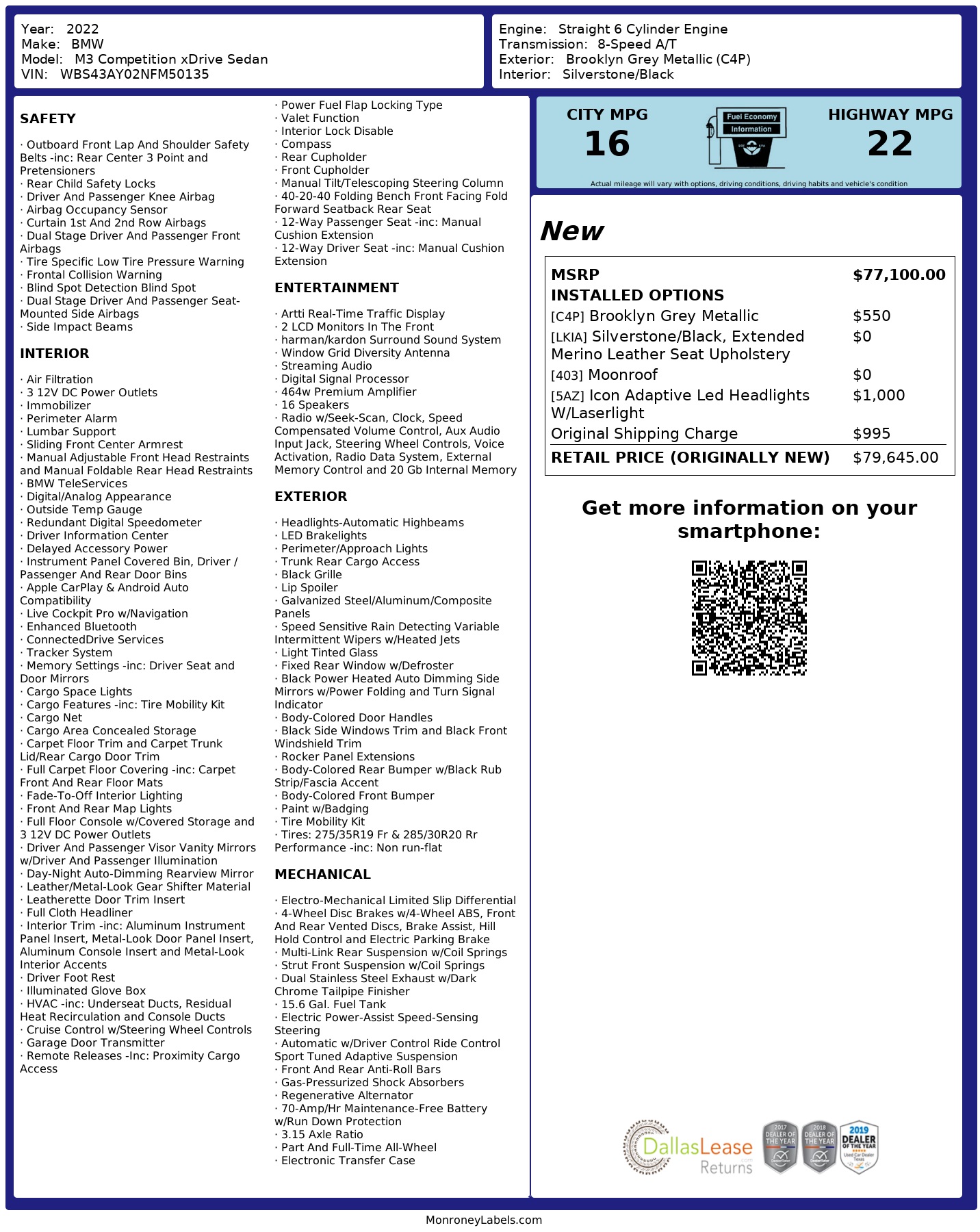 Window Sticker for 2022 BMW M3 Competition X Drive Sedan