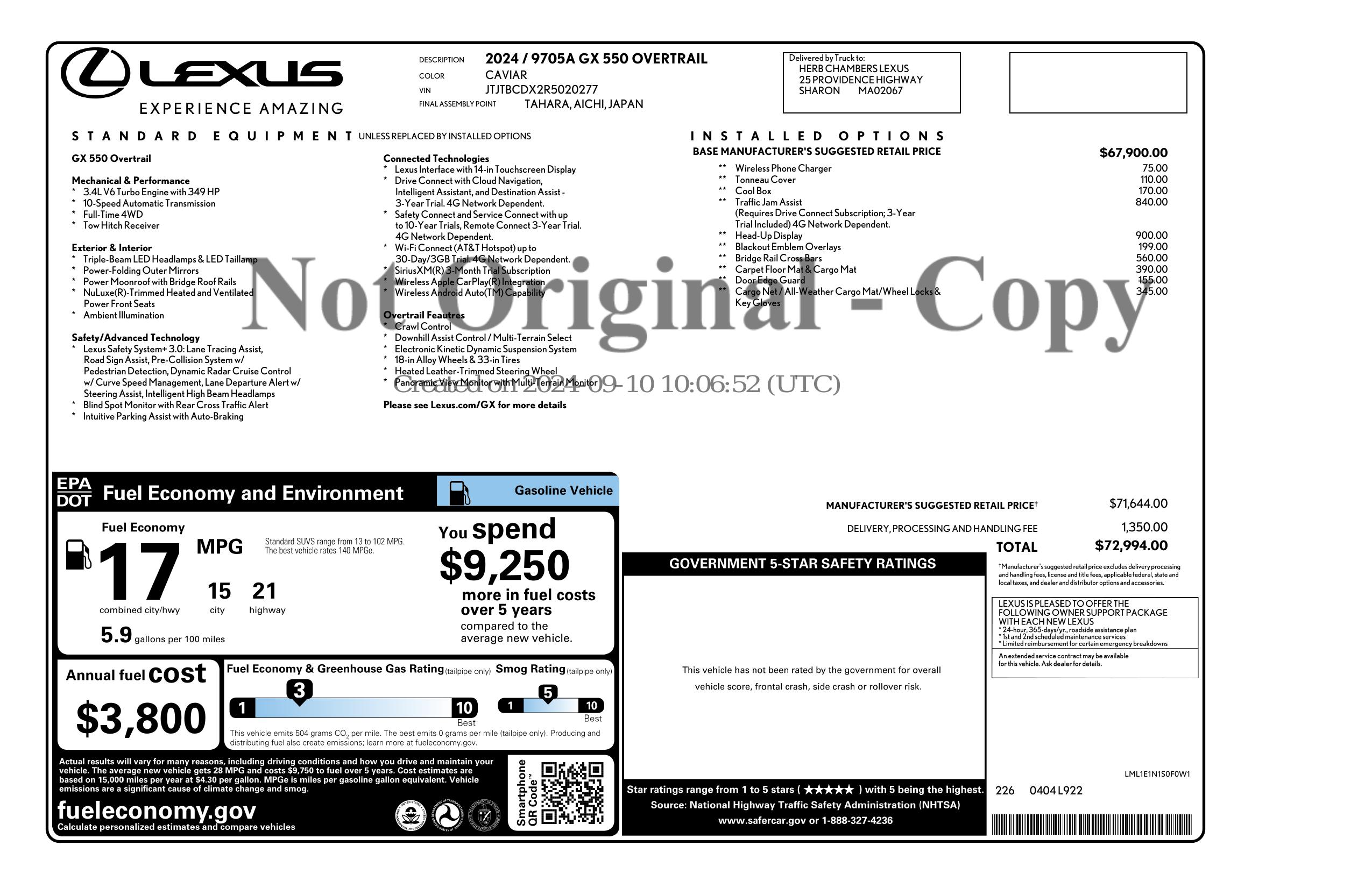 Window Sticker for 2024 Lexus Gx 550 4 Wd