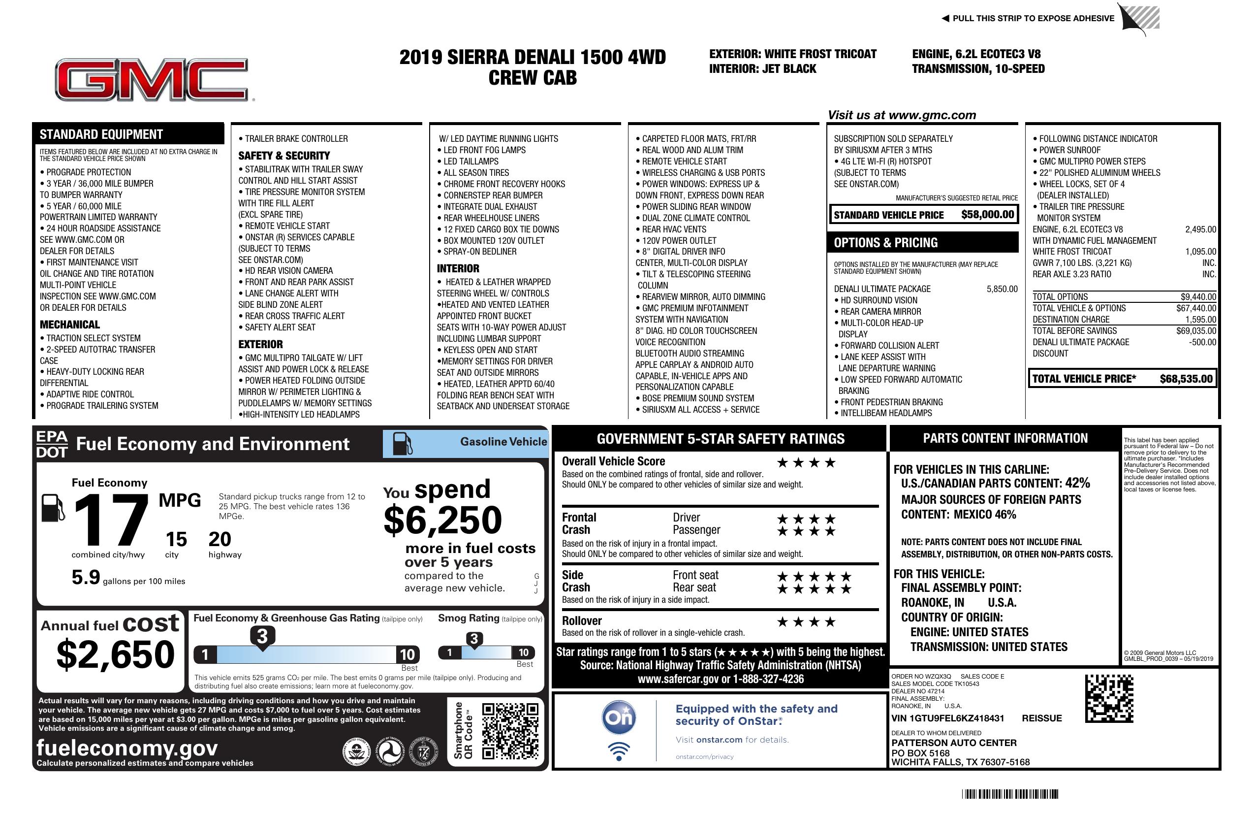 Window Sticker for 2019 GMC Sierra 1500 4 Wd Crew Cab 147" Denali