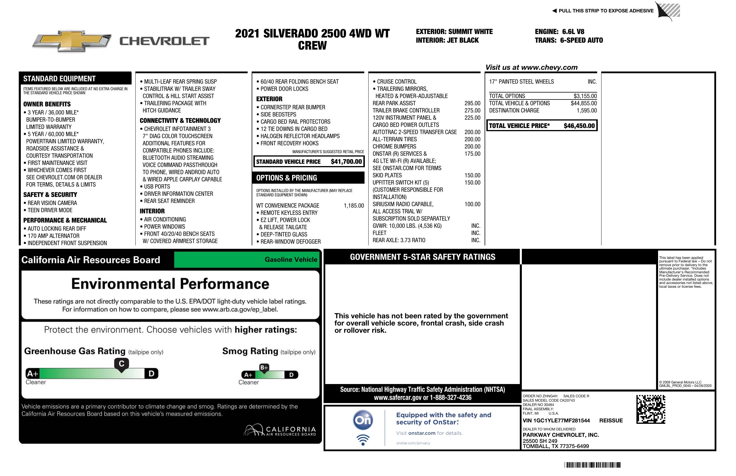 Window Sticker for 2021 Chevrolet Silverado 2500 Hd 4 Wd Crew Cab 159 ...