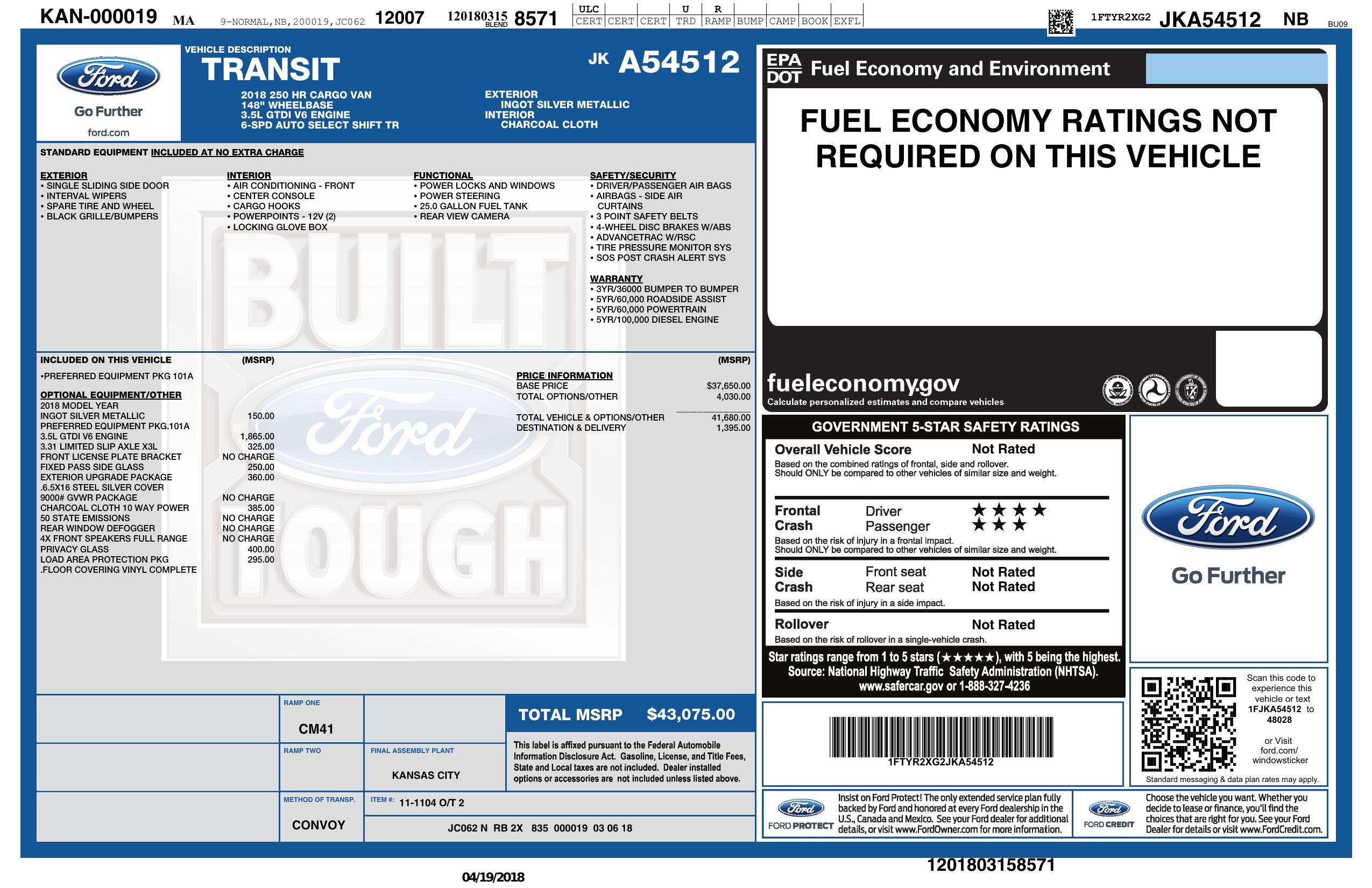 Window Sticker for 2018 Ford Transit Van T 250 148" Hi Rf 9000 Gvwr ...