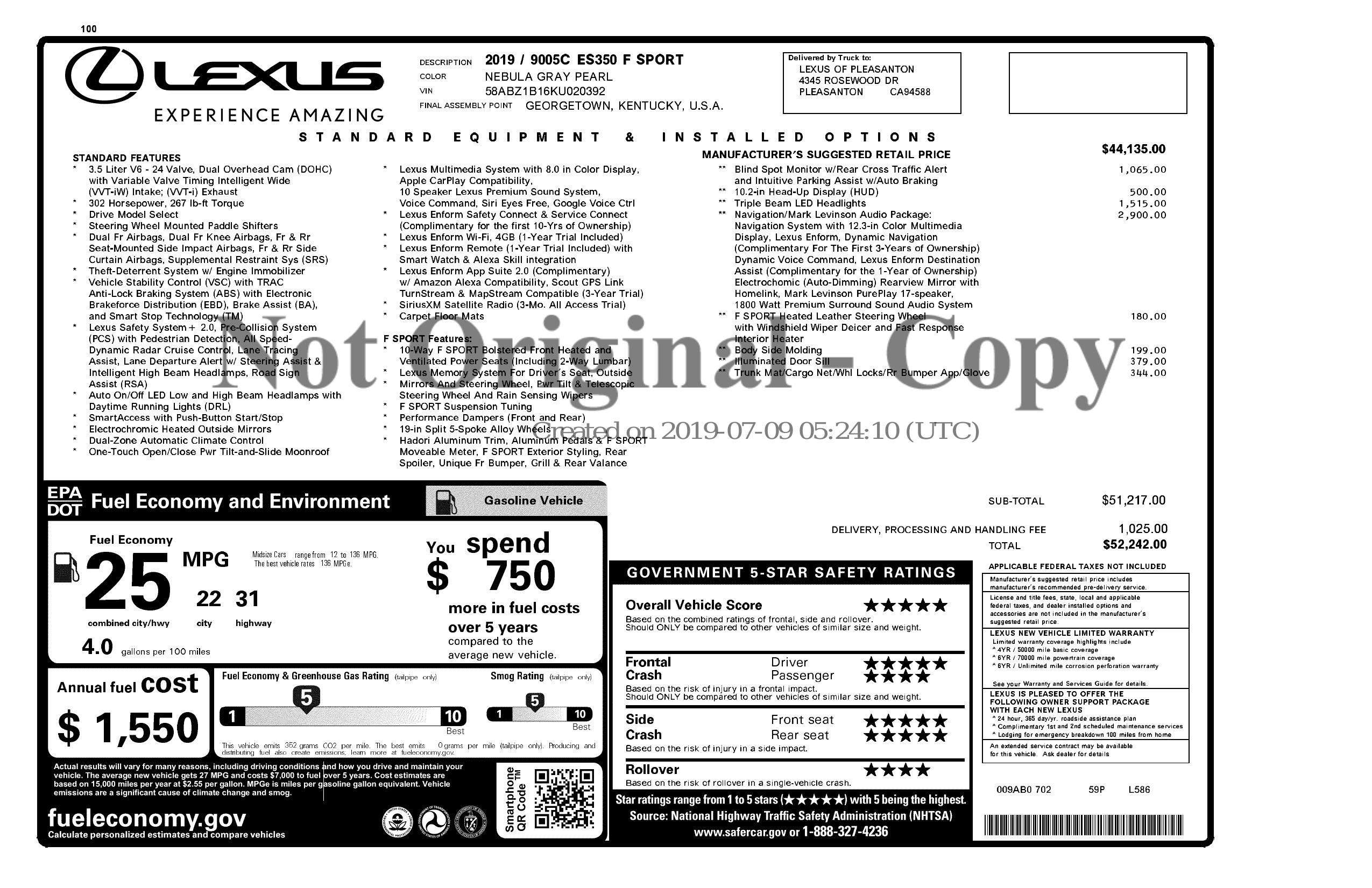 Window Sticker for 2019 Lexus Es 350 Fwd