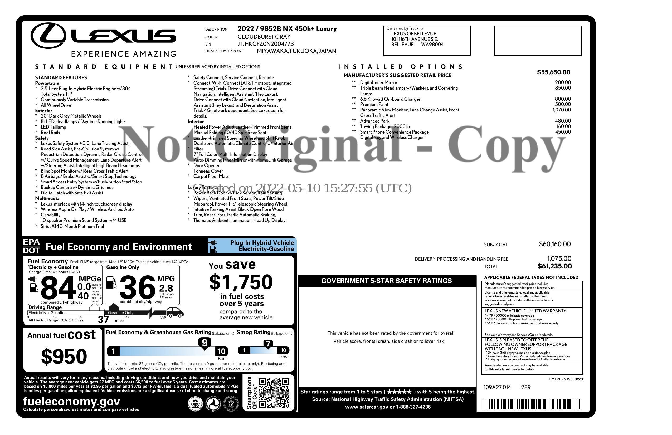 Window Sticker for 2022 Lexus Nx Nx 450h+ Luxury Awd