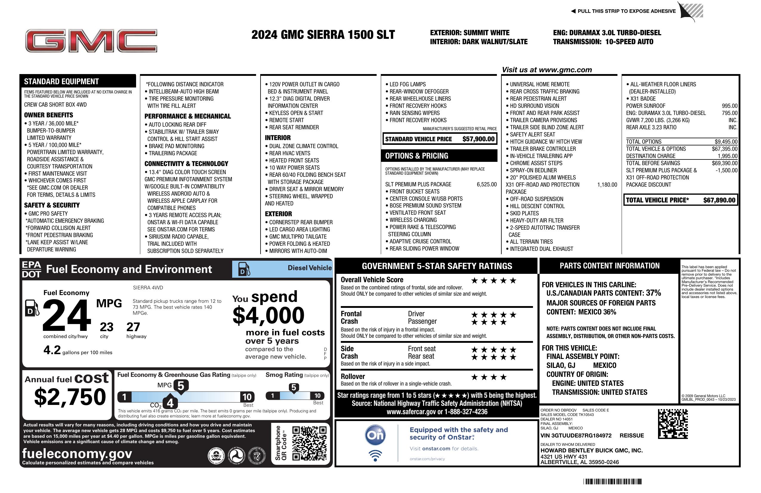 Window Sticker for 2024 GMC Sierra 1500 4 Wd Crew Cab 147" Slt