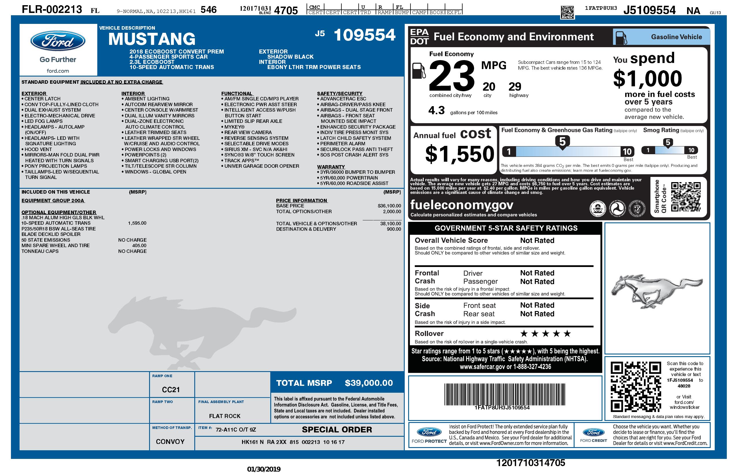Window Sticker for 2018 Ford Mustang Eco Boost Convertible